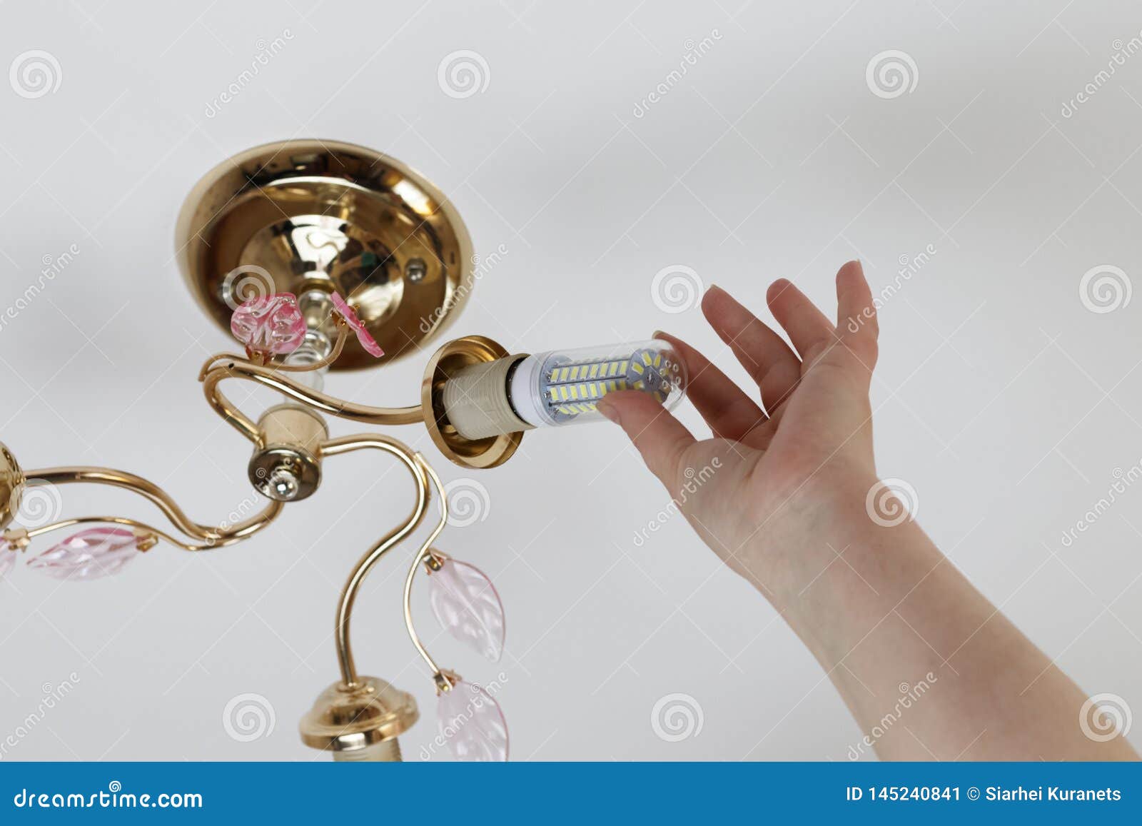 Female Hand Inserts a Light Bulb into the Threaded Socket. Installation ...