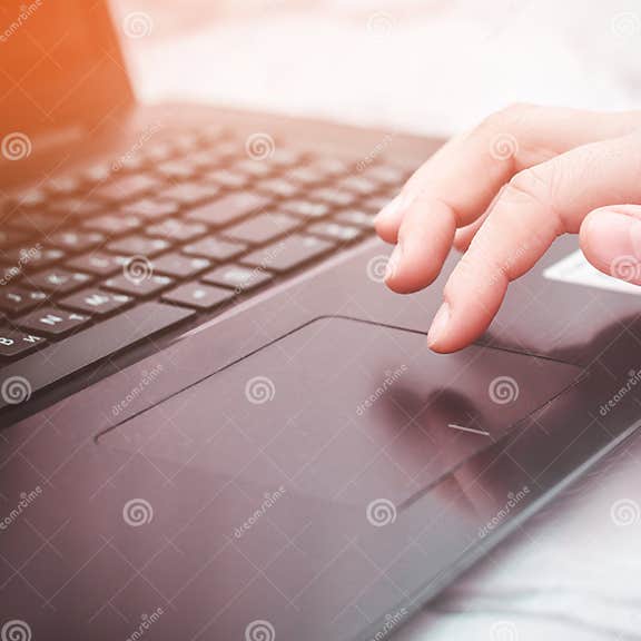 Female Hand on a Laptop, Touchpad. Work at the Computer Stock Image ...