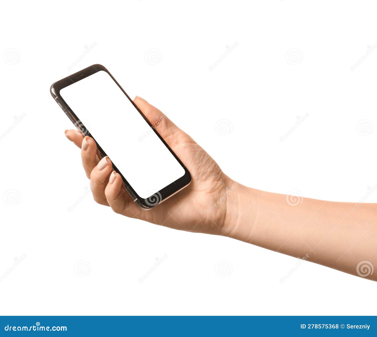 Female Hand with Mobile Phone on White Background Stock Photo - Image ...