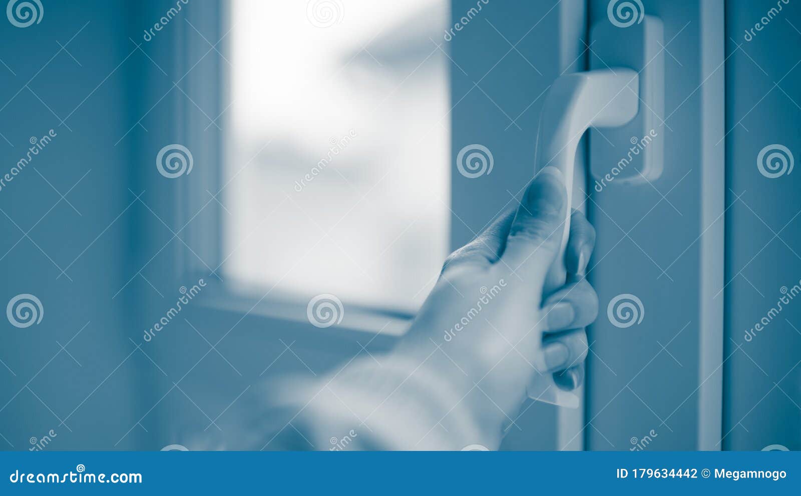 Female Hand Opens the Window, Side View Closeup, Blue Tone Stock Photo ...