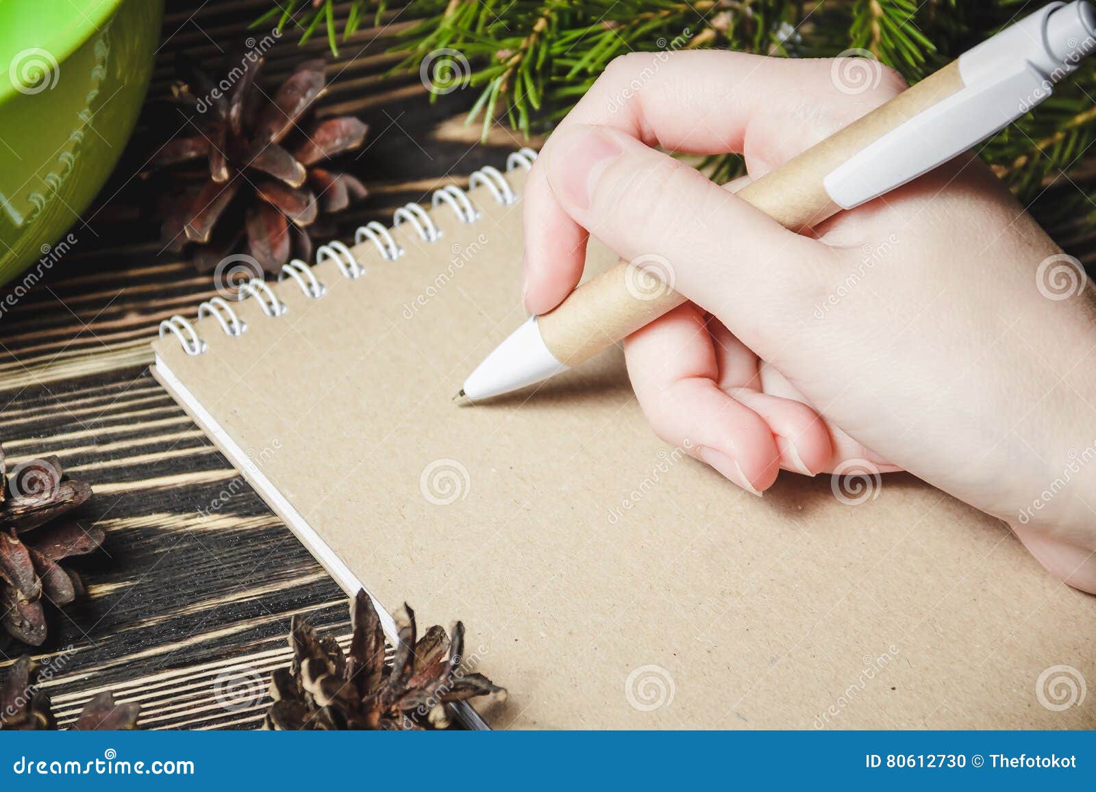 Female Hand, Pen, Notebook, on the Christmas Decorations Background ...