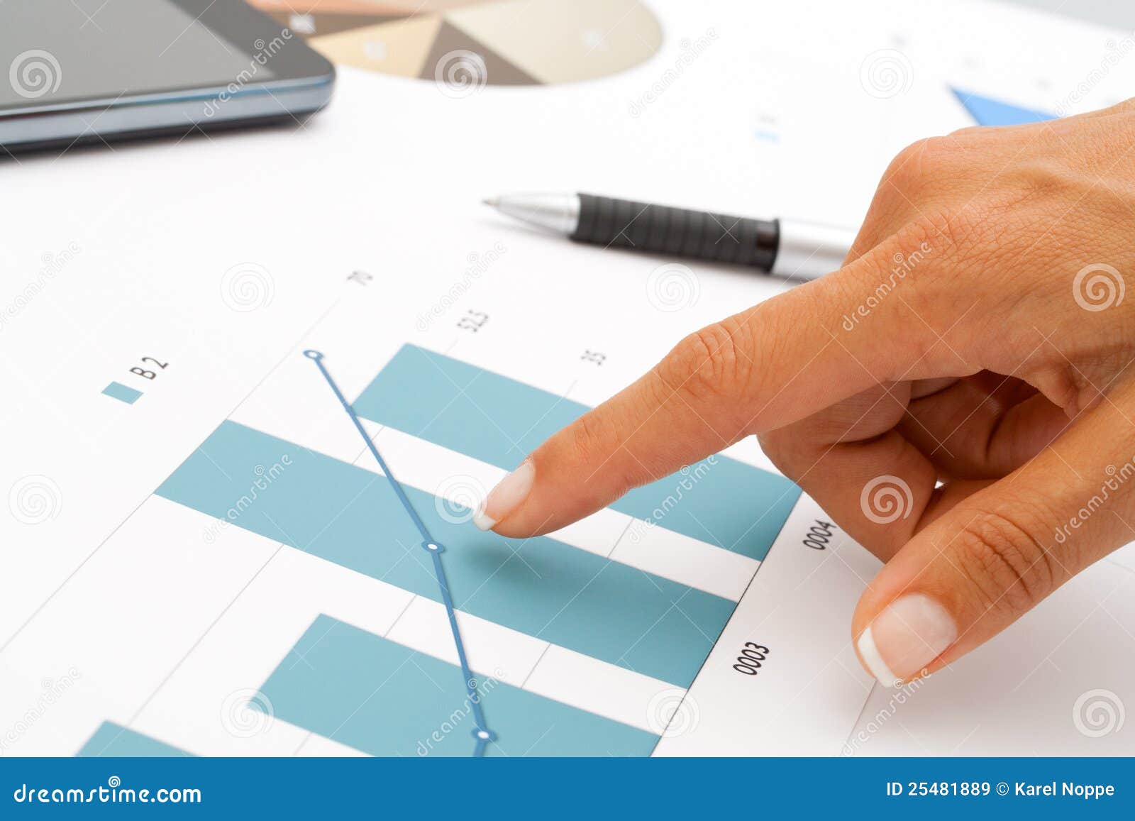 Female Hand Pointing at Statistics. Stock Image - Image of diagram ...