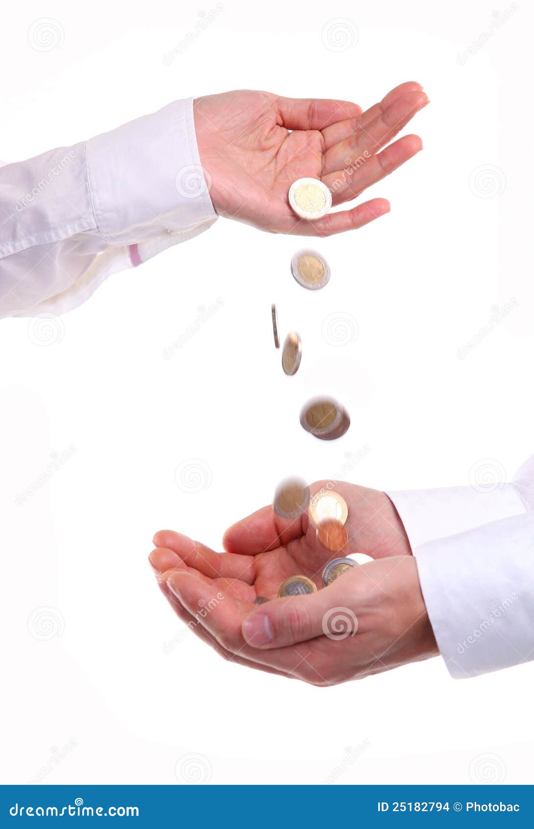 Female Hand Pour Down Coins into Male Hands Stock Photo - Image of ...
