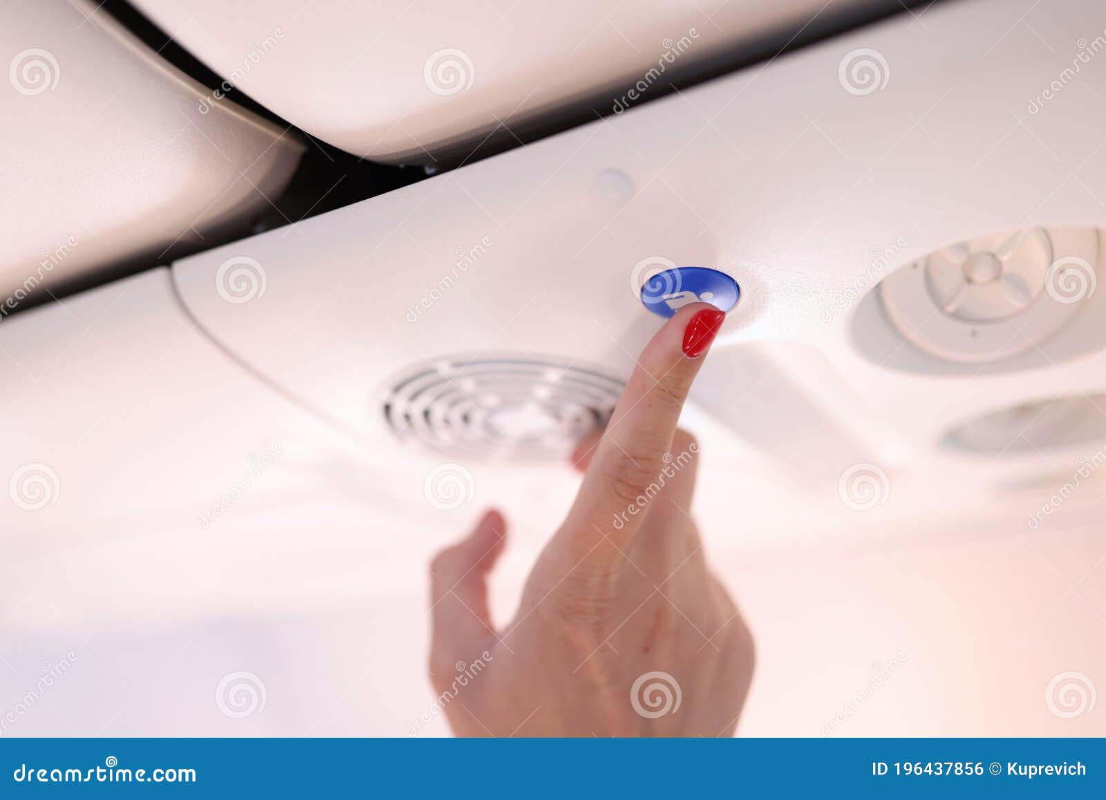 Female Hand Press Blue Button on Plane. Stock Photo - Image of person ...