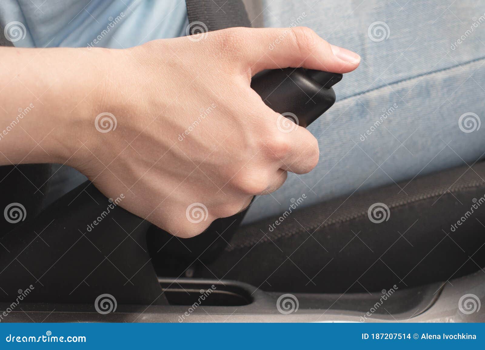 Female Hand Presses the Hand Brake Button, Emergency Stop, Parking ...