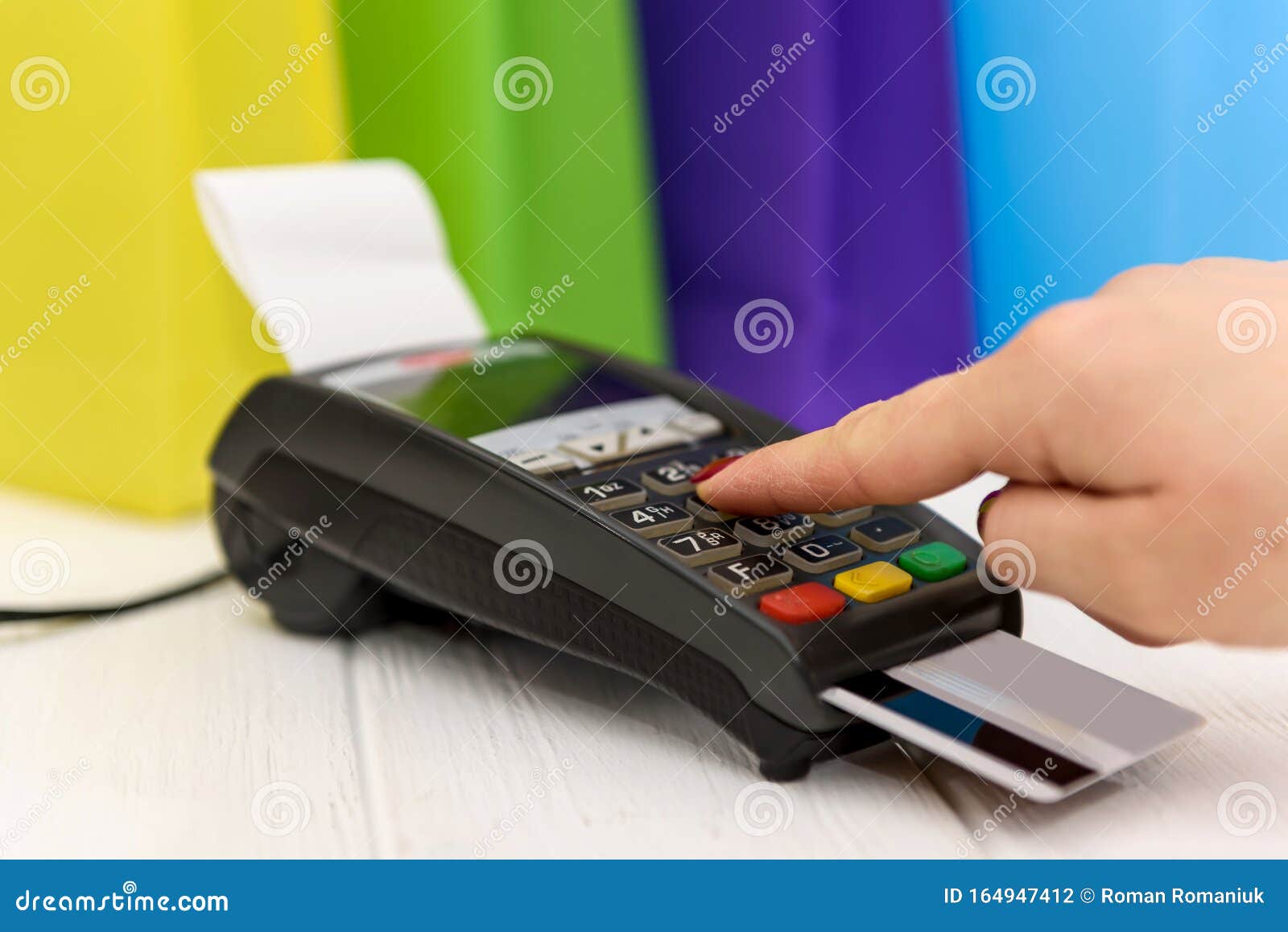 Female Hand Pressing Buttons on Terminal with Card Stock Photo - Image ...