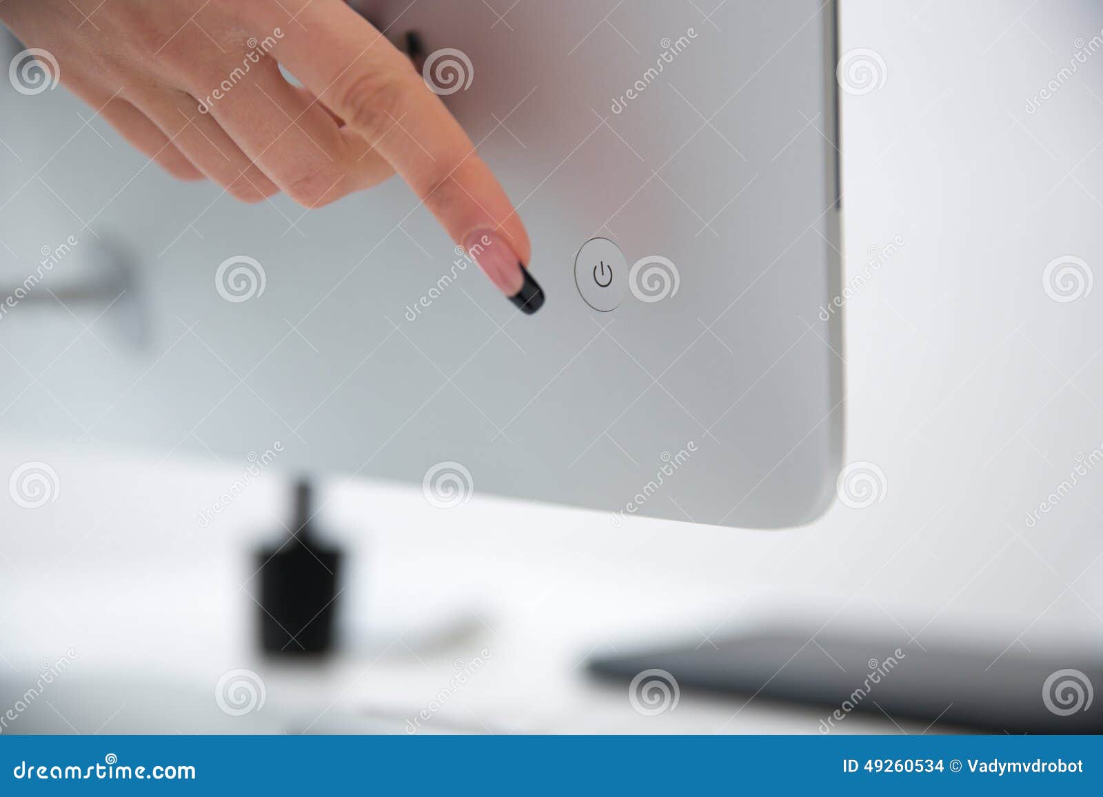 Female Hand Pressing the Power Button Stock Photo - Image of internet ...