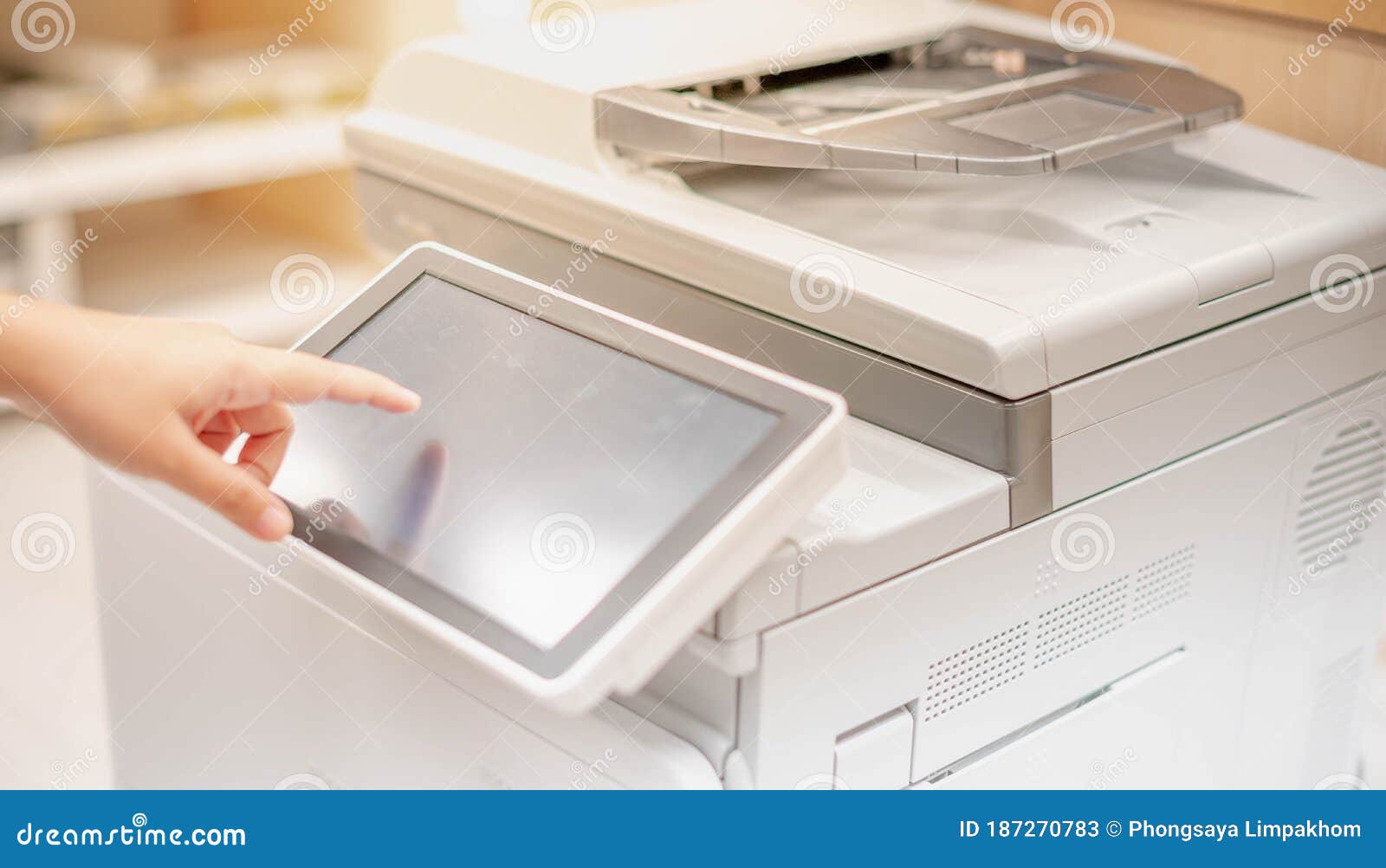 Female Hand Pressing the Touchscreen Monitor of the Copy Machine for ...