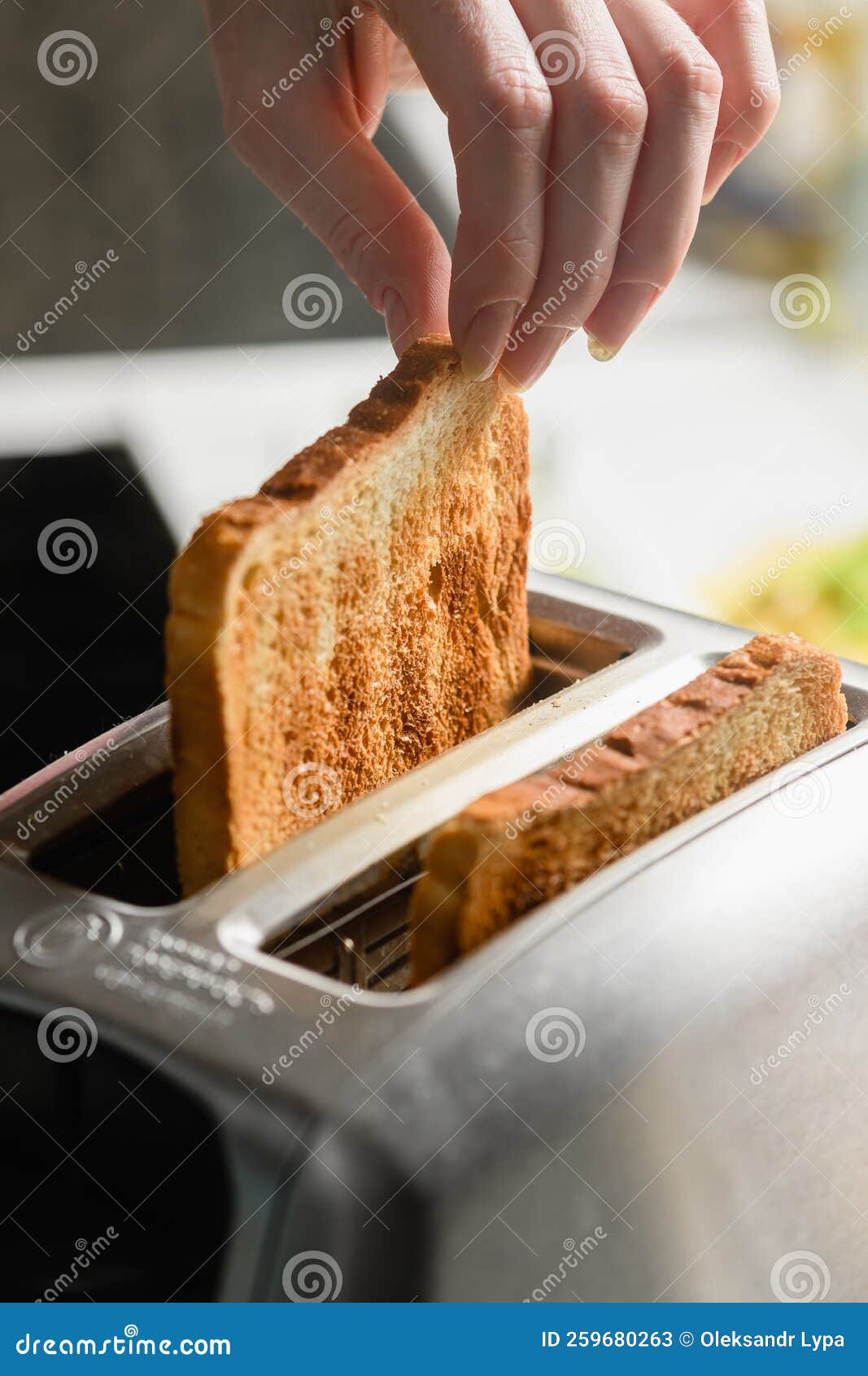 The Female Hand Pulls Out Ready Toasts Stock Image - Image of kitchen ...