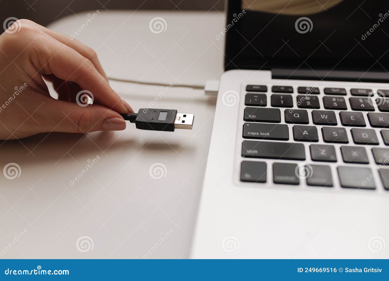 Female Hand Put USB Adapter To Copy File by Laptop Stock Photo - Image ...