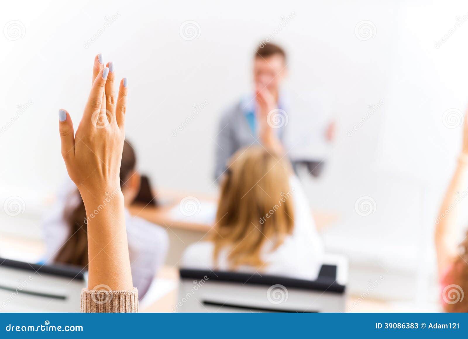Female Hand Raised in Class Stock Image - Image of answer, learn: 39086383
