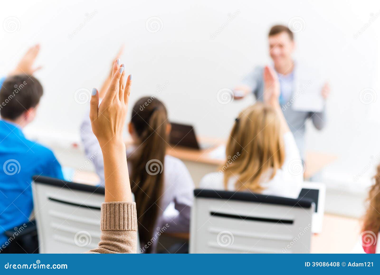 Female Hand Raised in Class Stock Photo - Image of grade, casual: 39086408