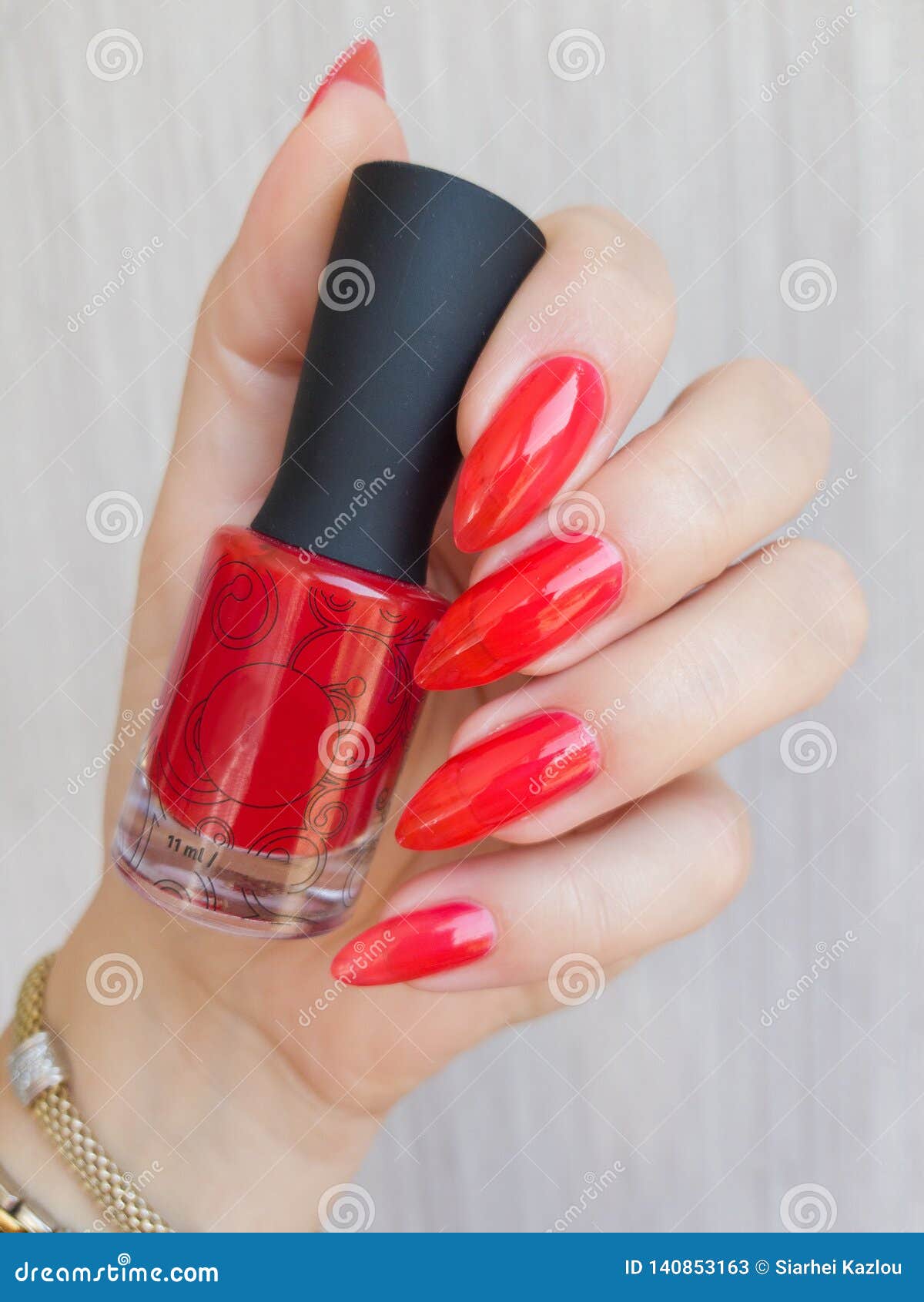 Female Hand With Red Long Nails And A Bottle Stock Image Image Of