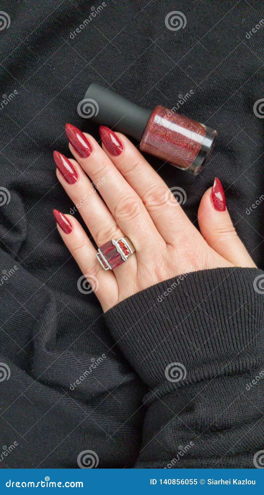 Female Hand With Red Long Nails And A Bottle Stock Image Image Of