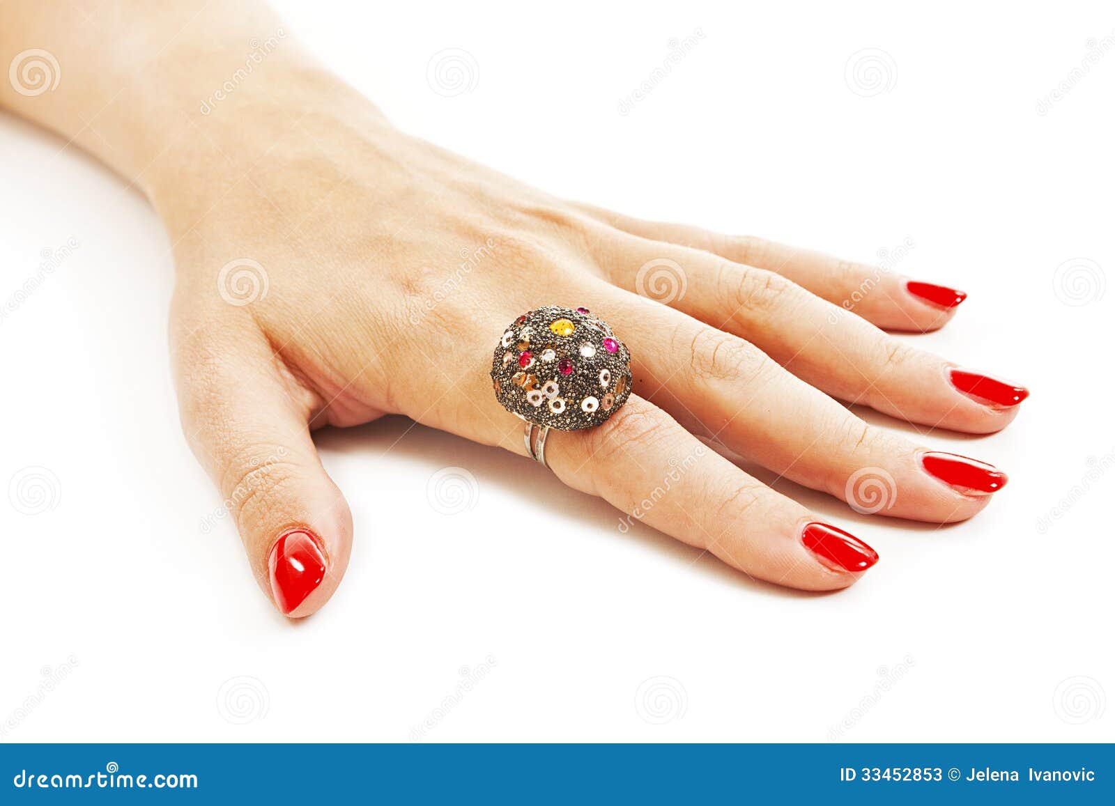 Female Hand With Red Nails With Ring Stock Image - Image of flower ...