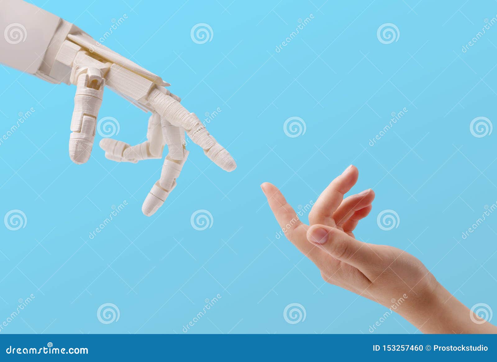 Female Hand and Robot Reaching To Each Other on Blue Stock Photo ...