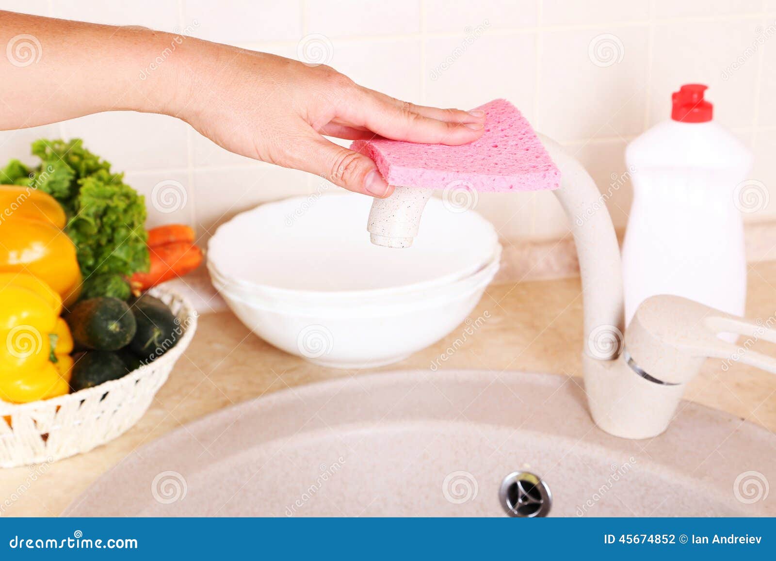 Female Hand with Sponge Washing Faucet. Stock Photo - Image of metal ...