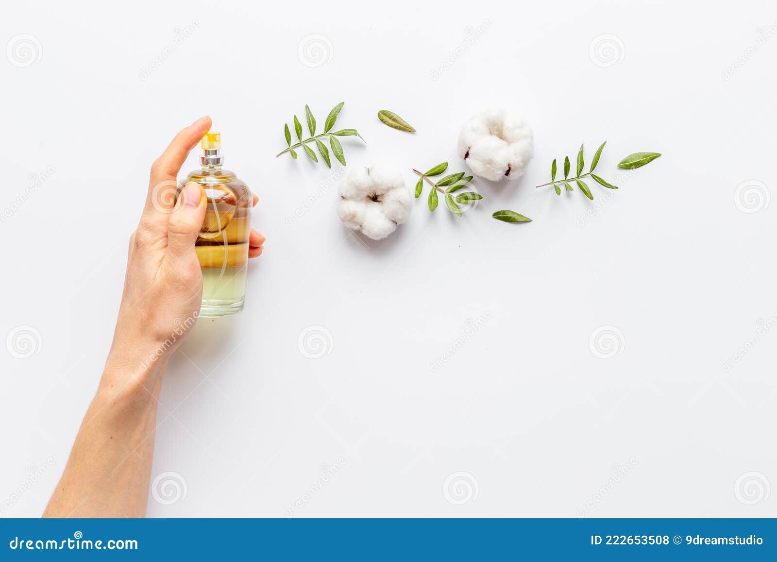 Female Hand Spray Perfume Bottle and Flow of Flowers Stock Photo ...