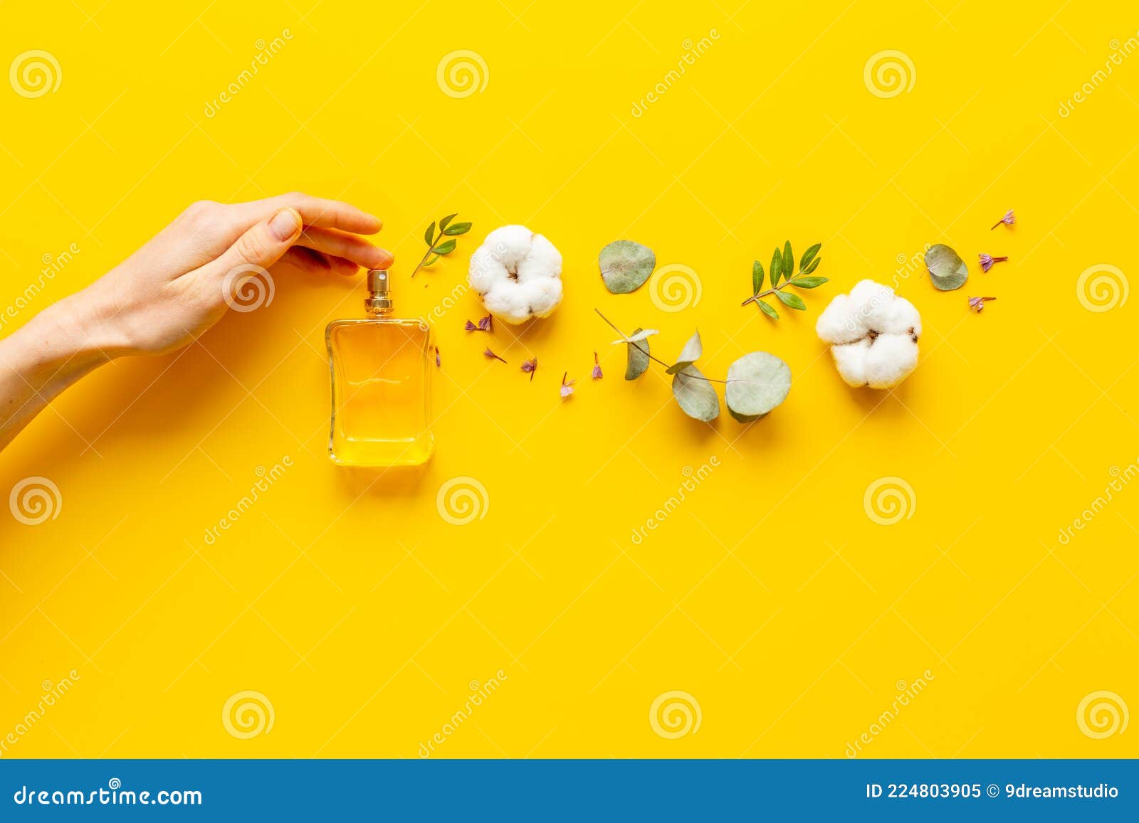 Female Hand Spray Perfume Bottle and Flow of Flowers Stock Image ...