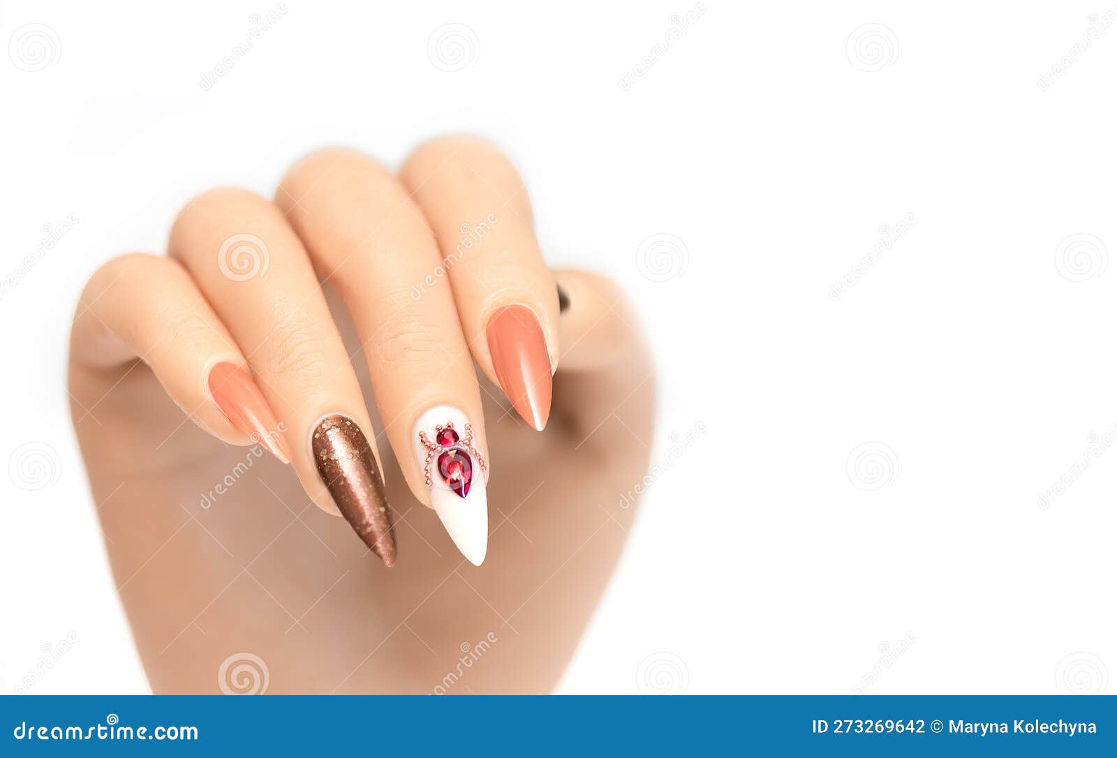 Female Hand With Stiletto Nail Design Glitter Orange Nail Polish