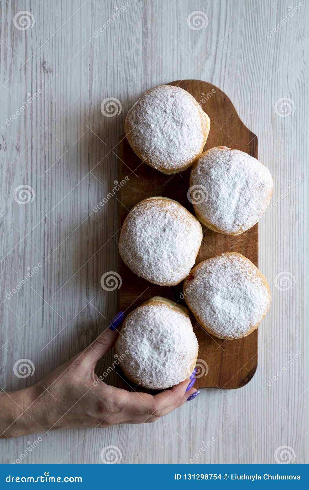 Female Hand Takes Donut, Overhead View Stock Photo - Image of jewish ...