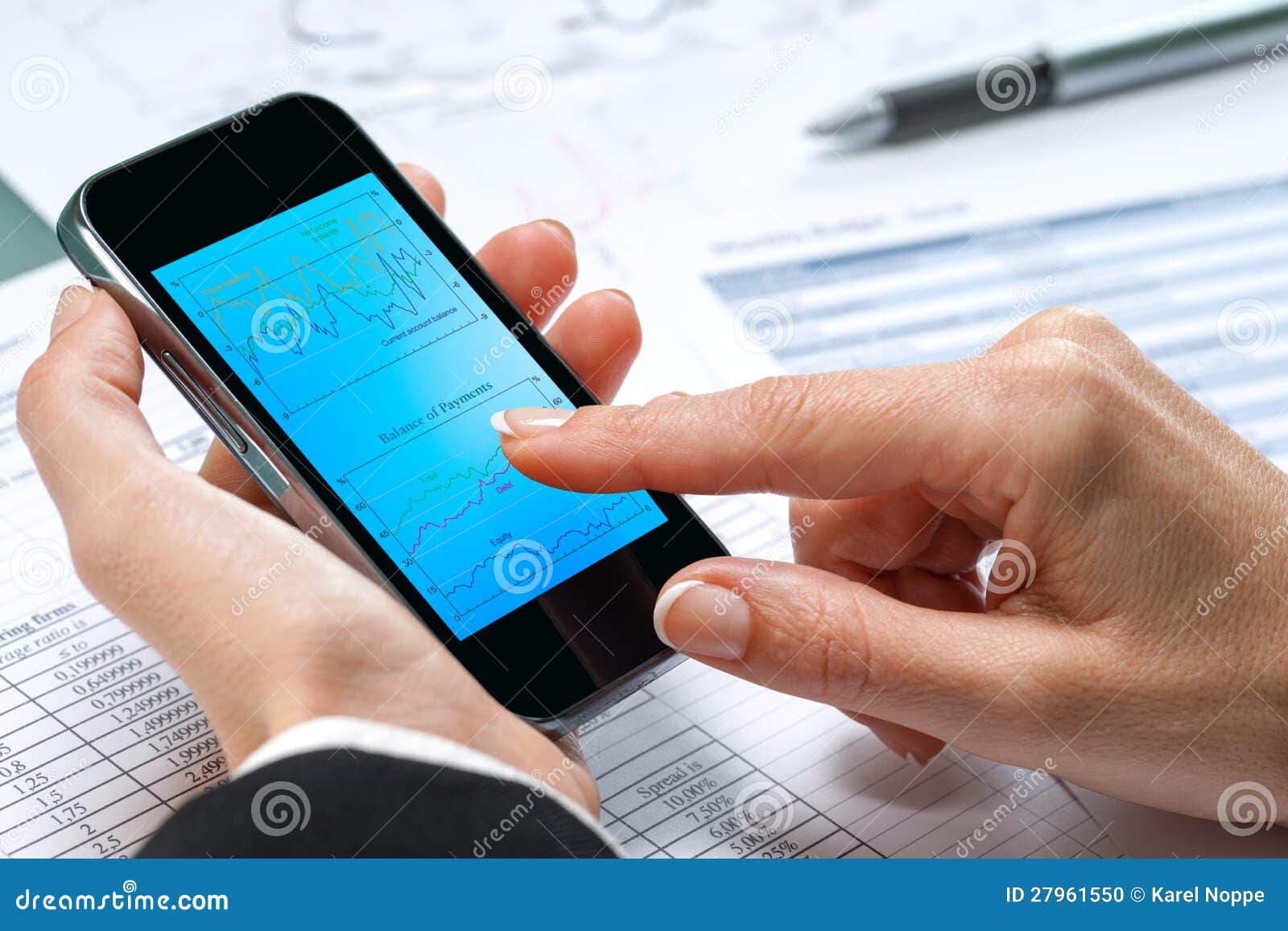 Female Hand Touching Graphic on Smart Phone. Stock Photo - Image of ...