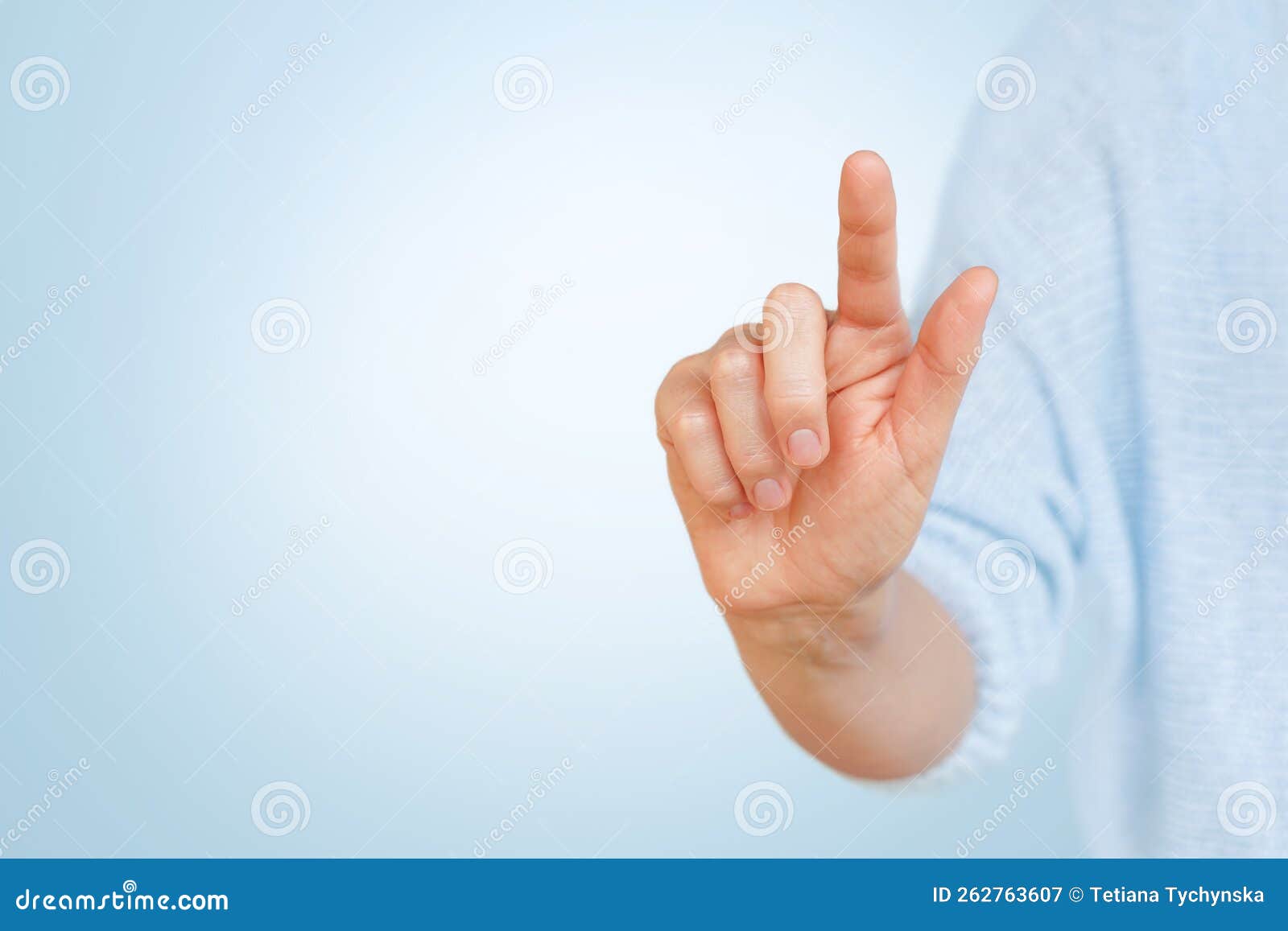 Female Hand Touching the Virtual Button with Forefinger on Blue ...