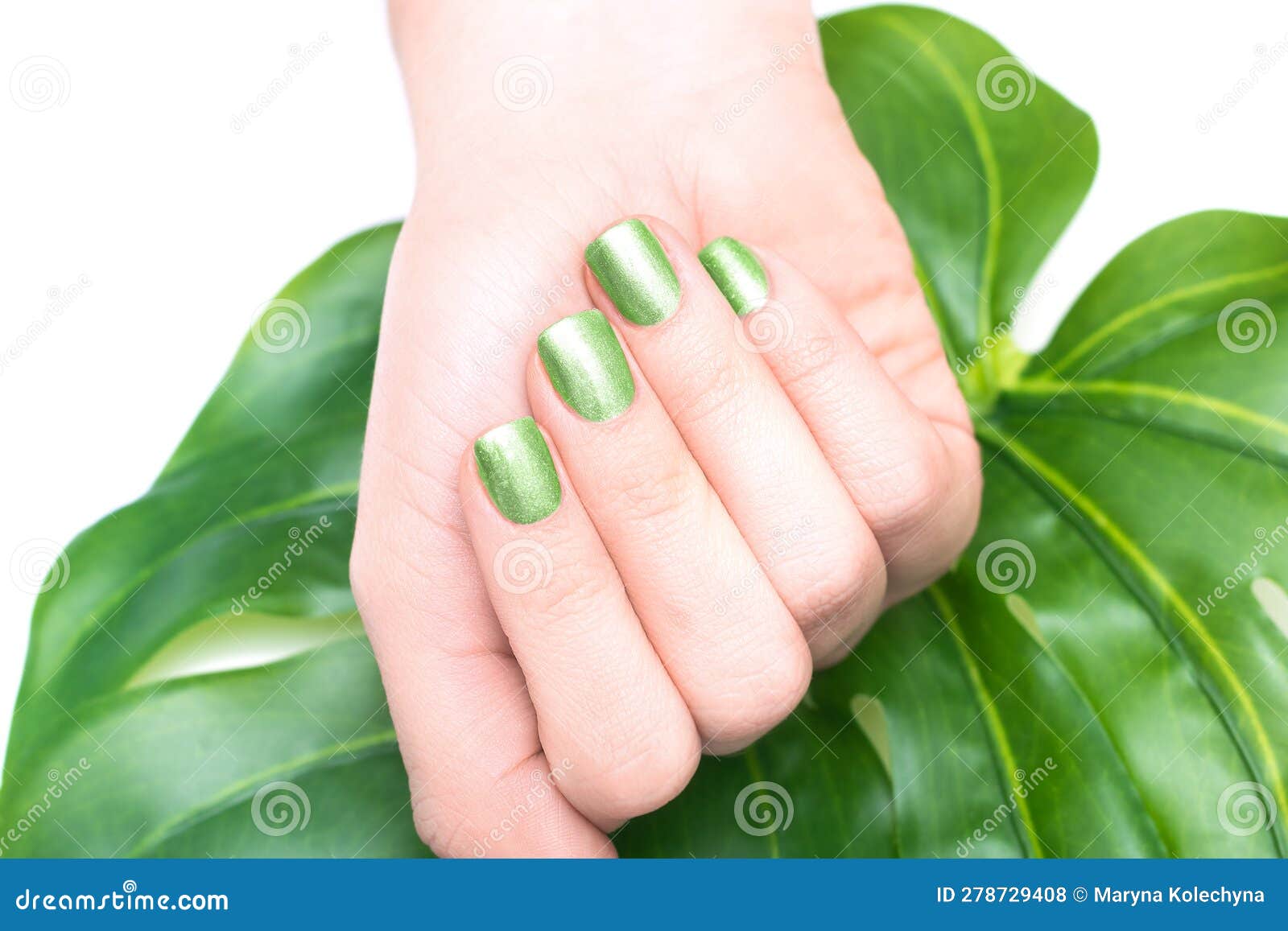 Female Hand With Tropic Nail Design Glitter Green Nail Polish Manicure