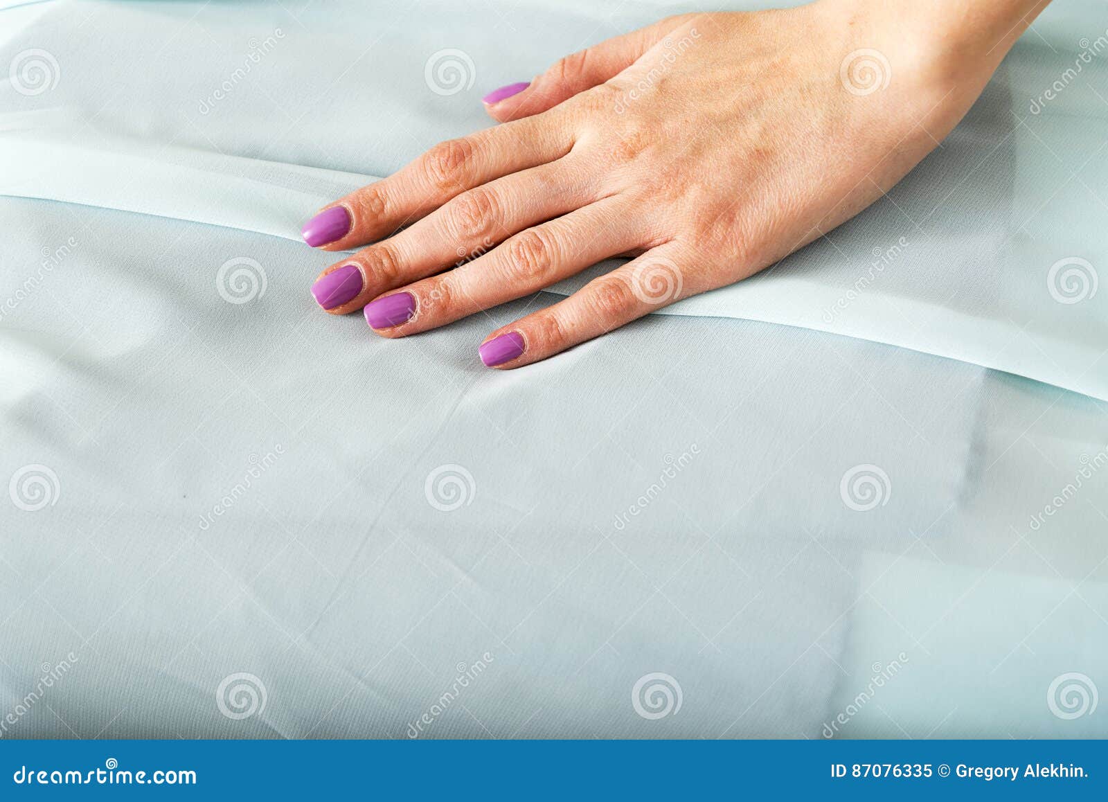 Female Hand on the Turquoise Fabric. Stock Image - Image of care ...