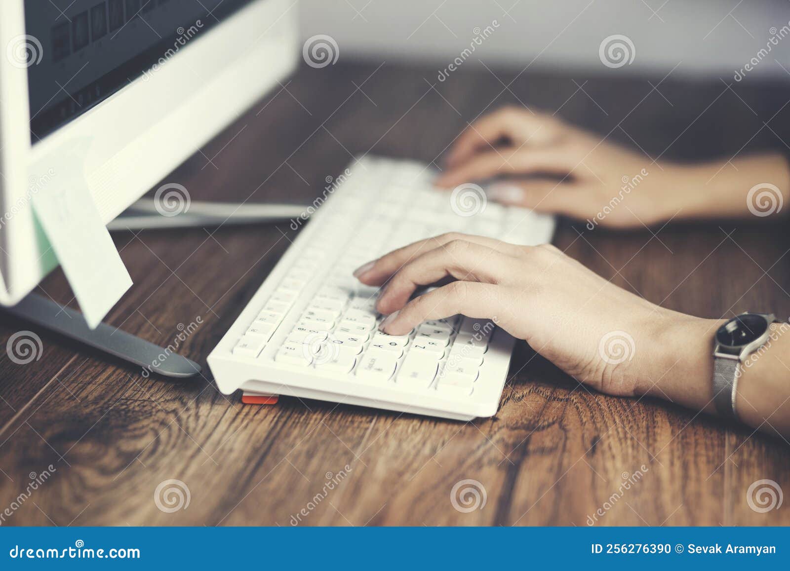 Female Hand Typing on Desktop Computer Keyboard Stock Photo - Image of ...