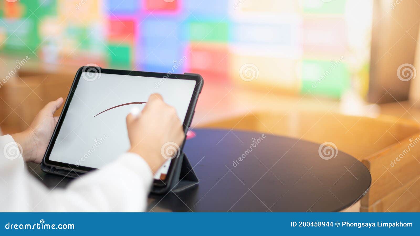 The Female Hand Using Digital Tablet with Pencil Touch Screen for ...