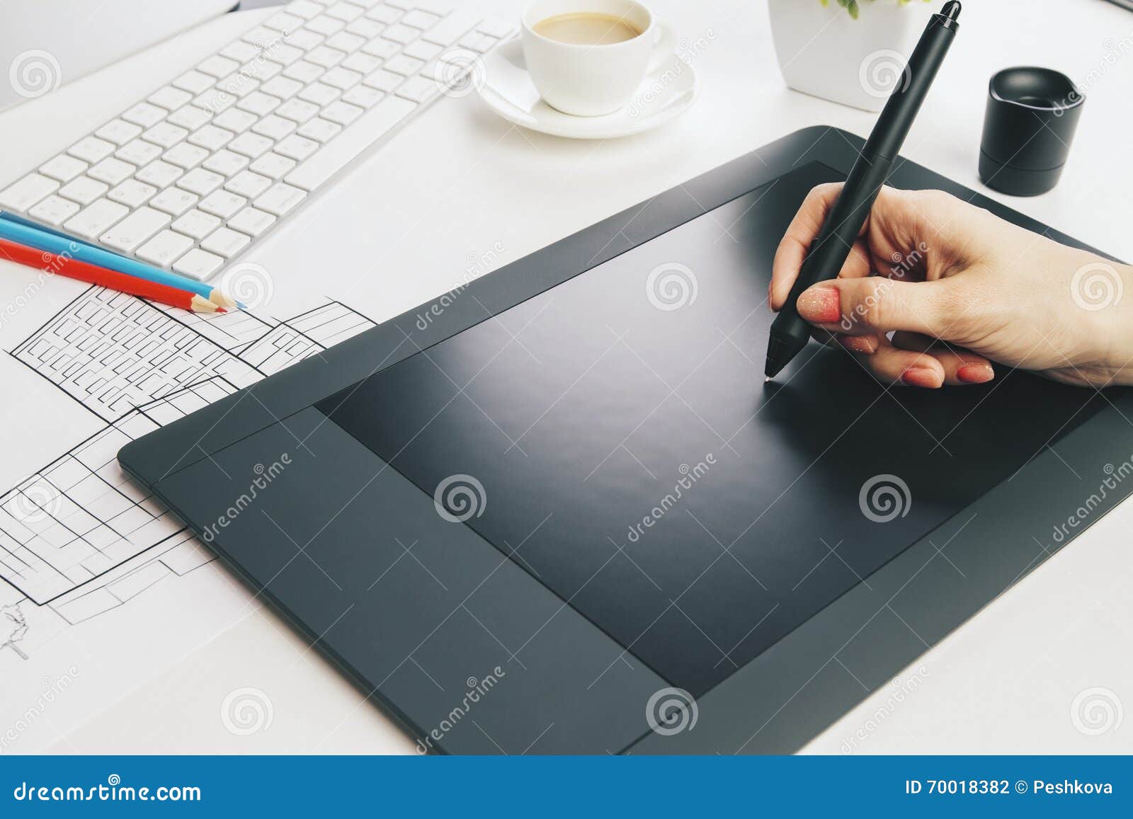 Female Hand Using Graphic Tablet Stock Photo - Image of items, hand ...