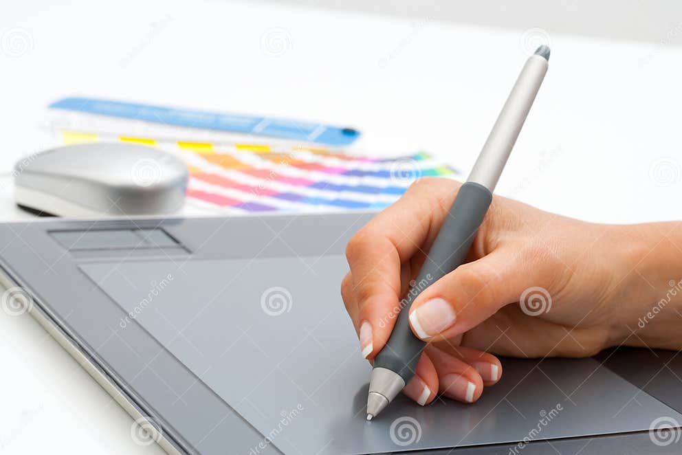 Female Hand Using Pen on Digital Tablet. Stock Photo - Image of close ...