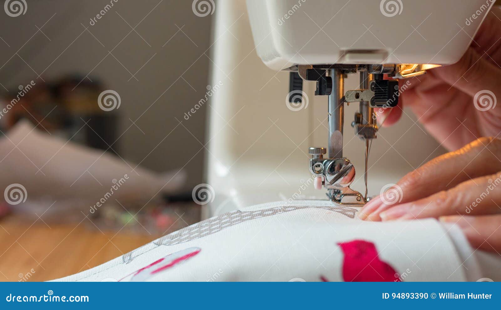 Female Hand Using Sewing Machine Stitching Fabic Stock Photo - Image of ...