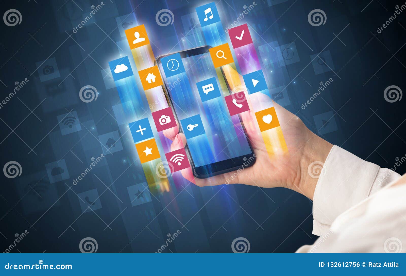 Hand Using Smartphone with Angular App Icons Stock Photo - Image of ...