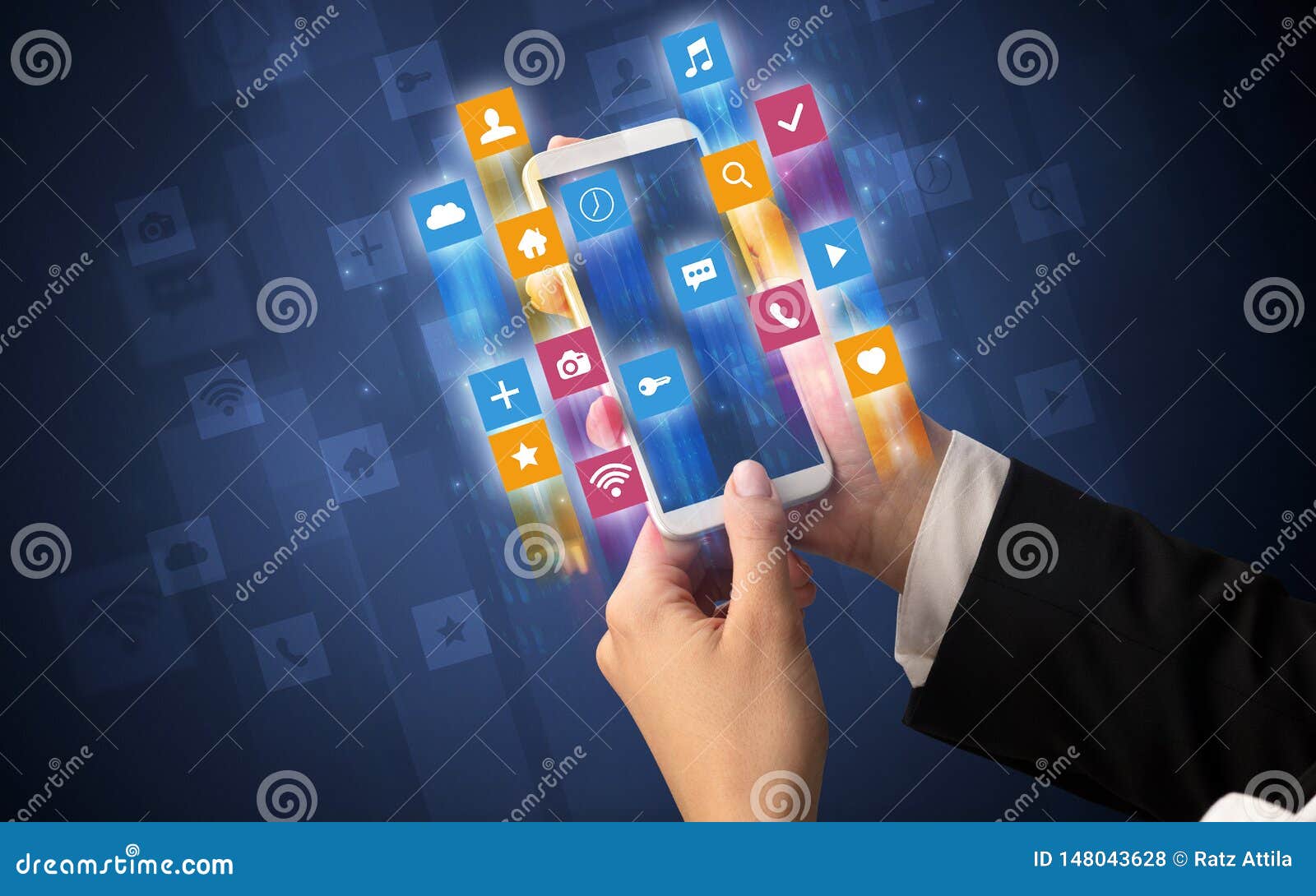 Hand Using Smartphone with Angular App Icons Stock Photo - Image of ...