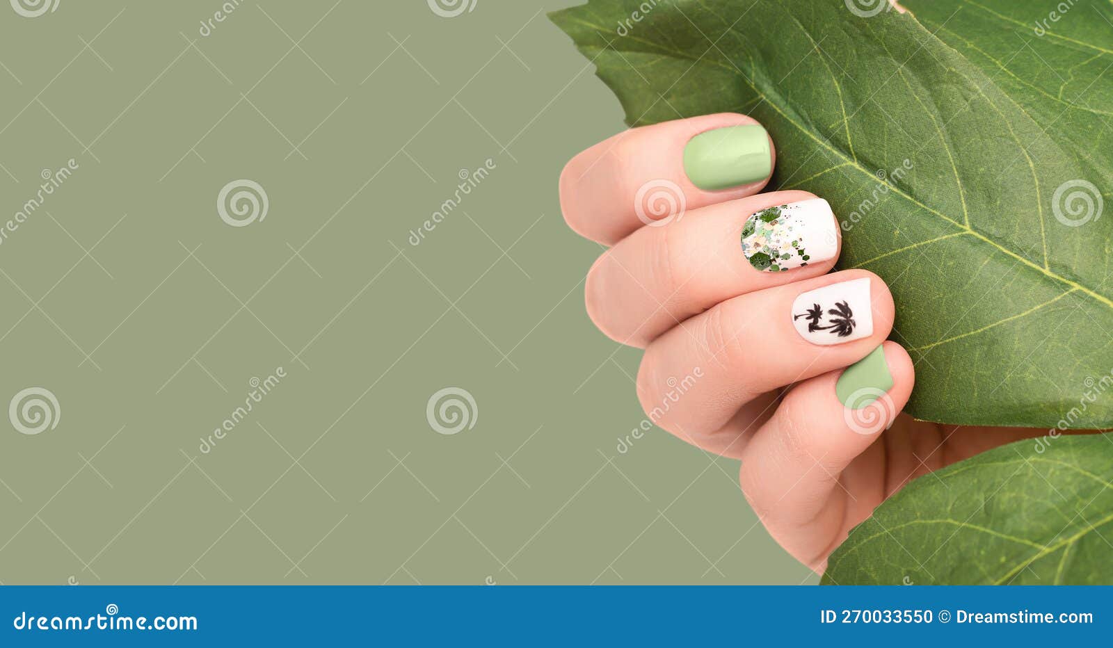 Female Hand With Vacation Nail Design Glitter Green Nail Polish