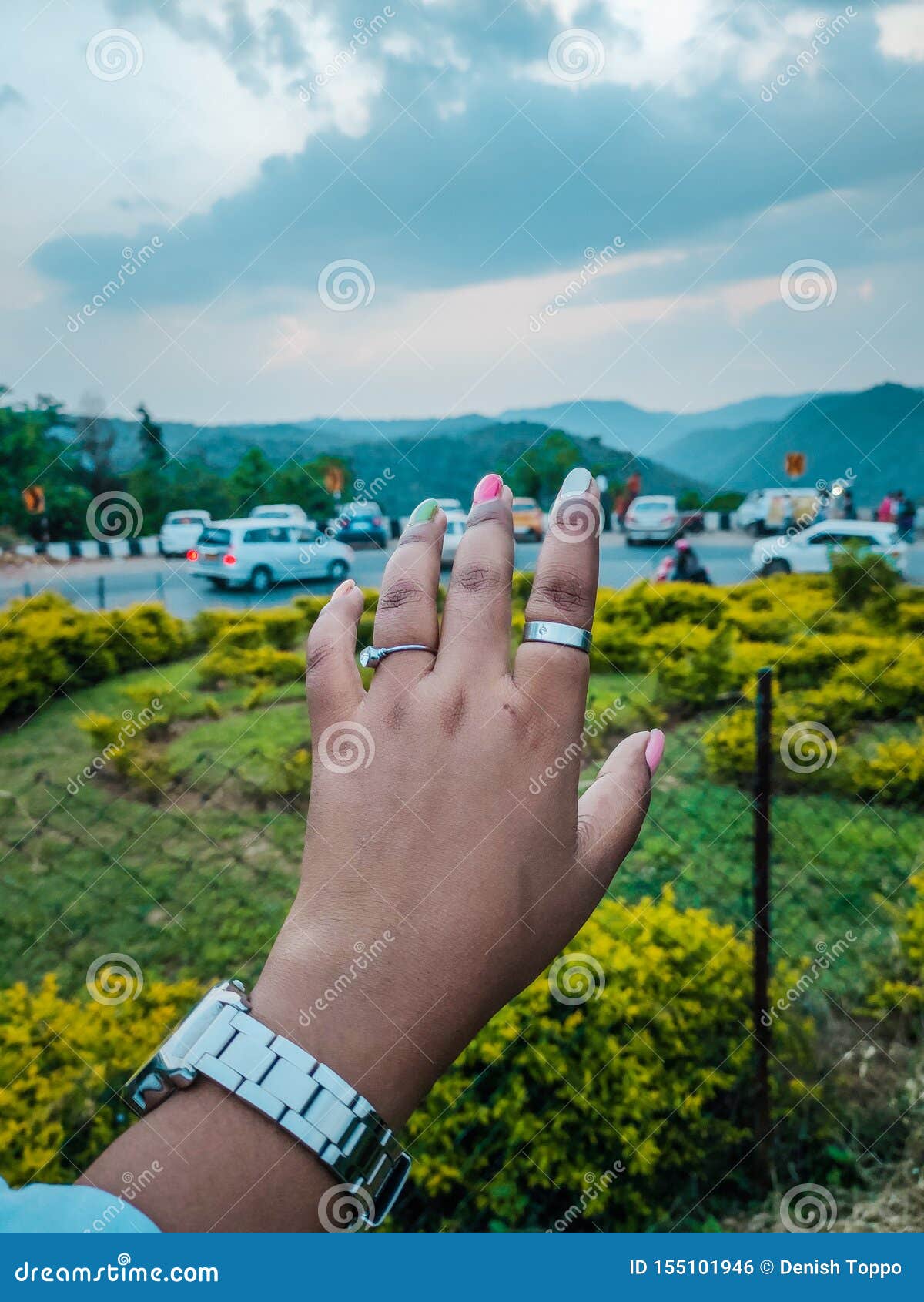 Female Hand. Valley View People and Mountains in Background Stock Photo ...