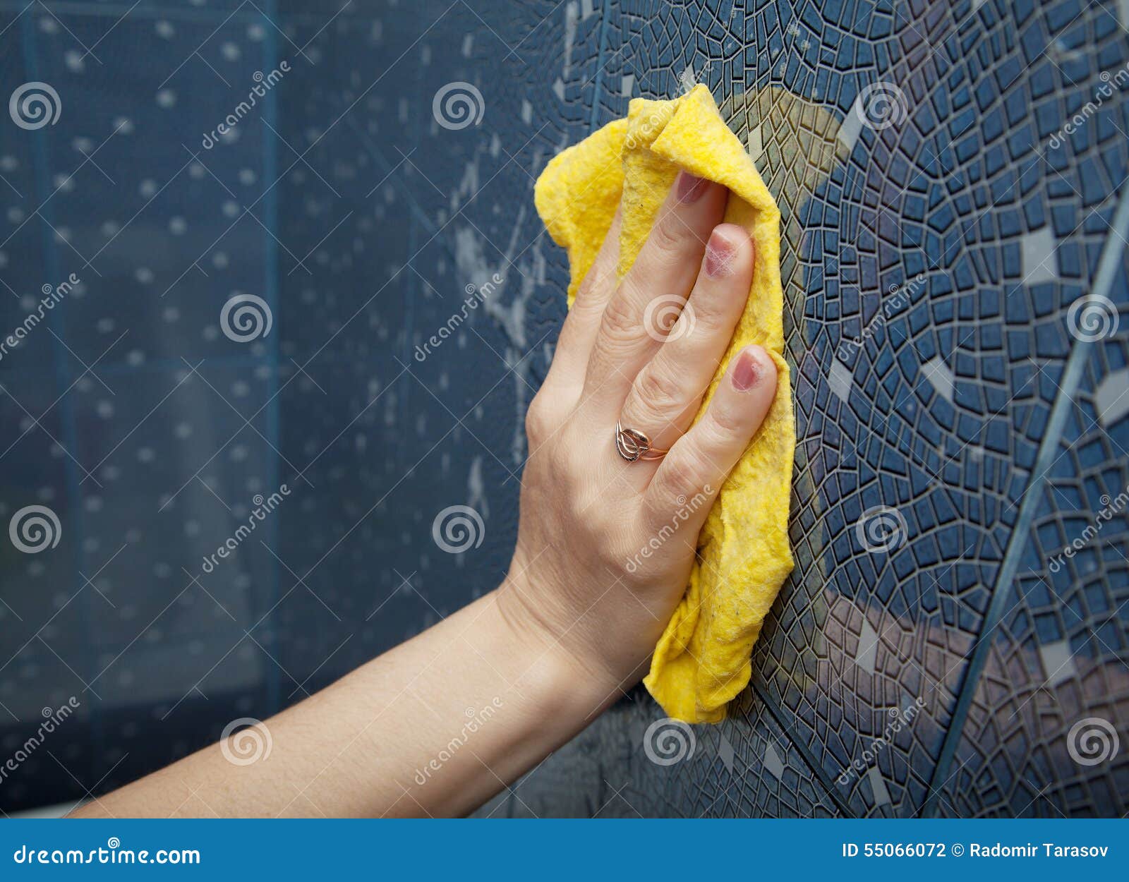 Female Hand Washes the Tile on the Wall with a Cloth Lather Stock Photo ...