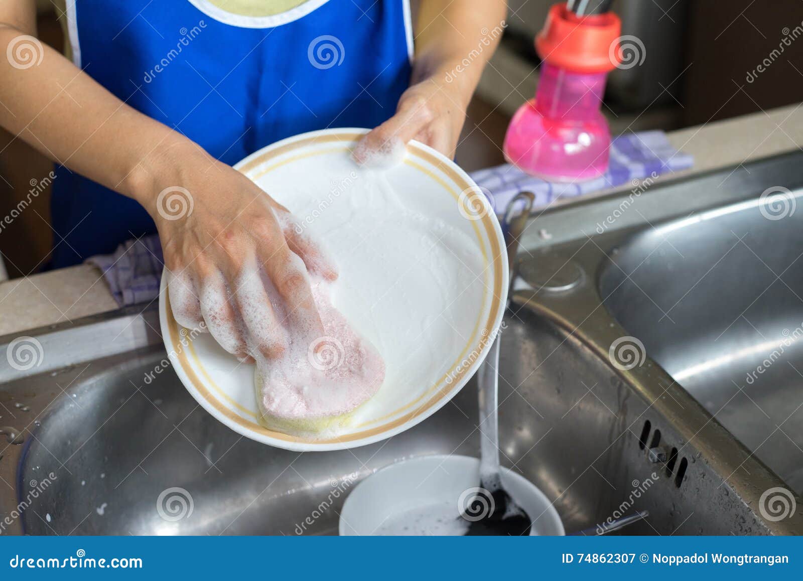 Female Hand Washing White Dish with Sponge Stock Image - Image of foam ...