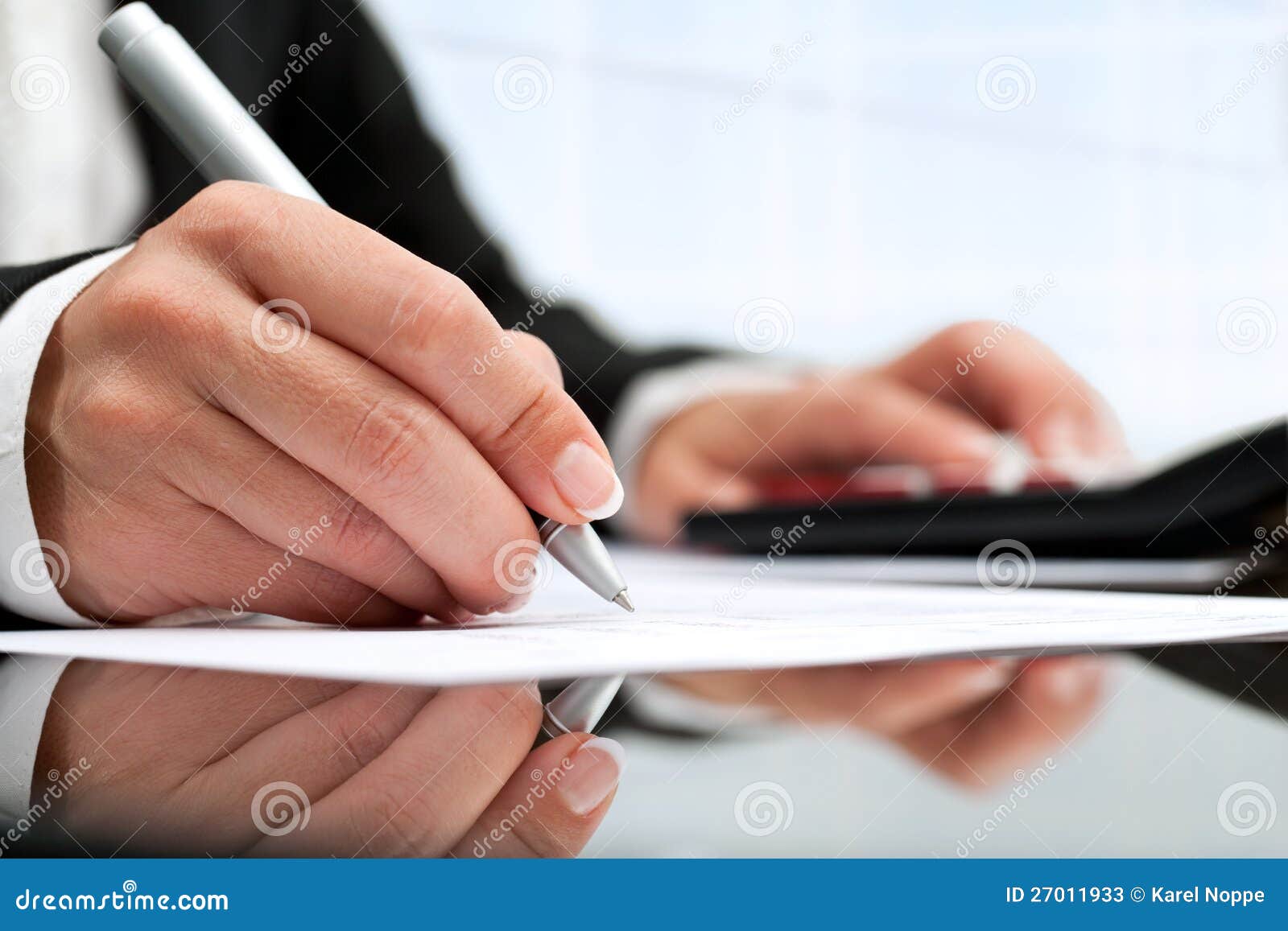 Female Hand Wit Pen Pointing on Paper. Stock Image - Image of typing ...