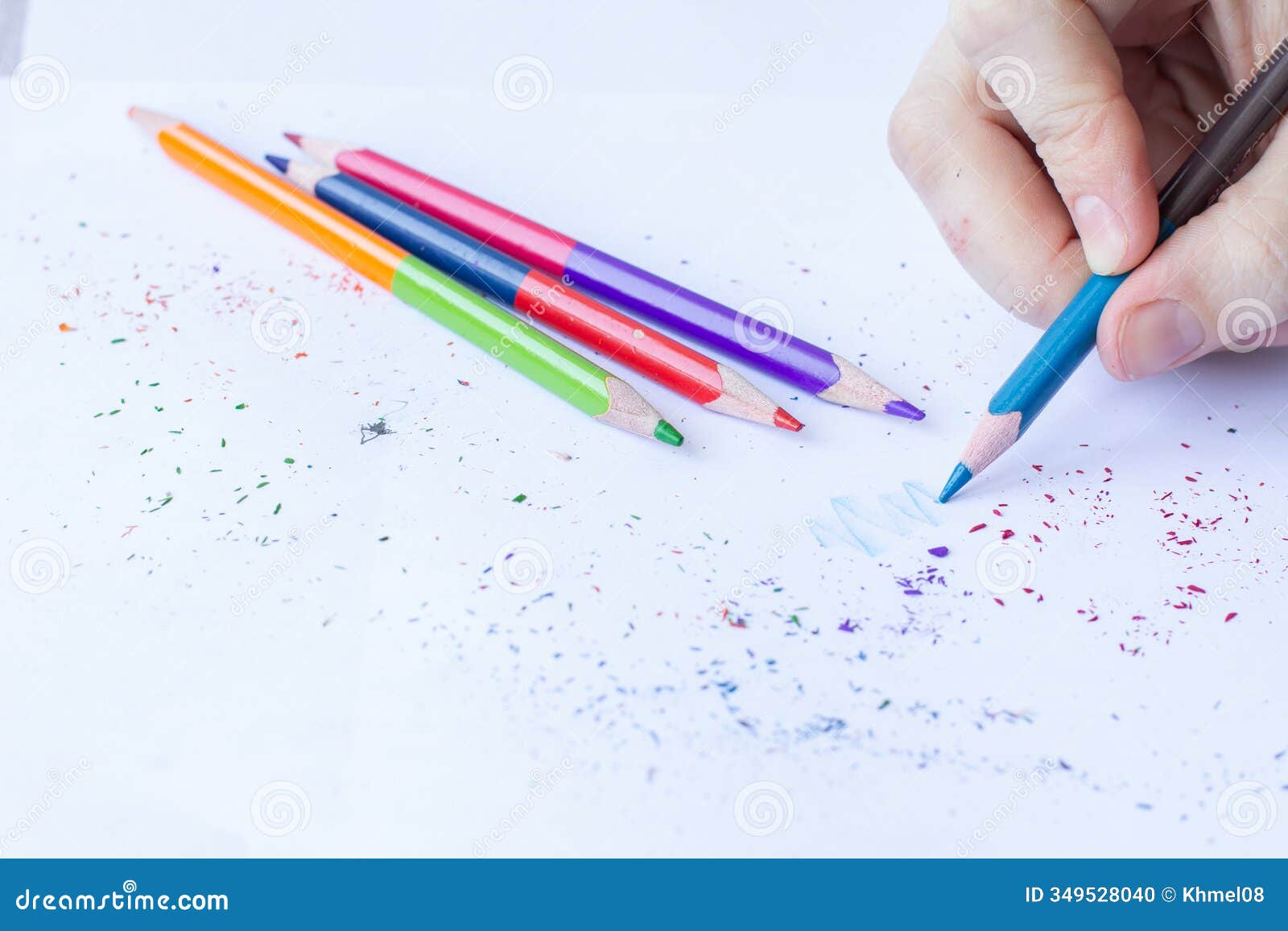 Female Hand Writing with Colored Pencil on White Sheet of Paper Stock ...