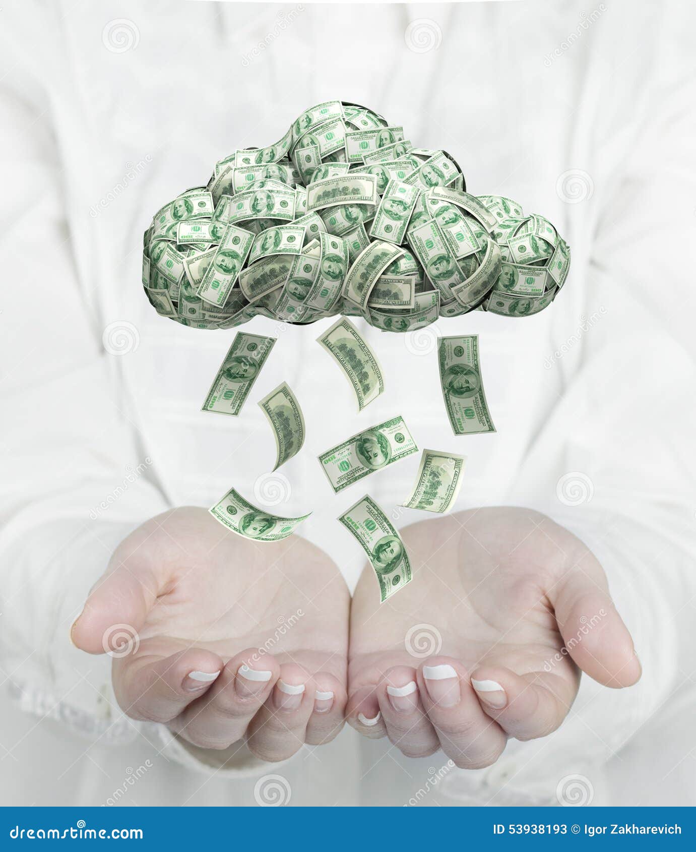 Female Hands Catching Falling Money from Cloud. Stock Image - Image of ...
