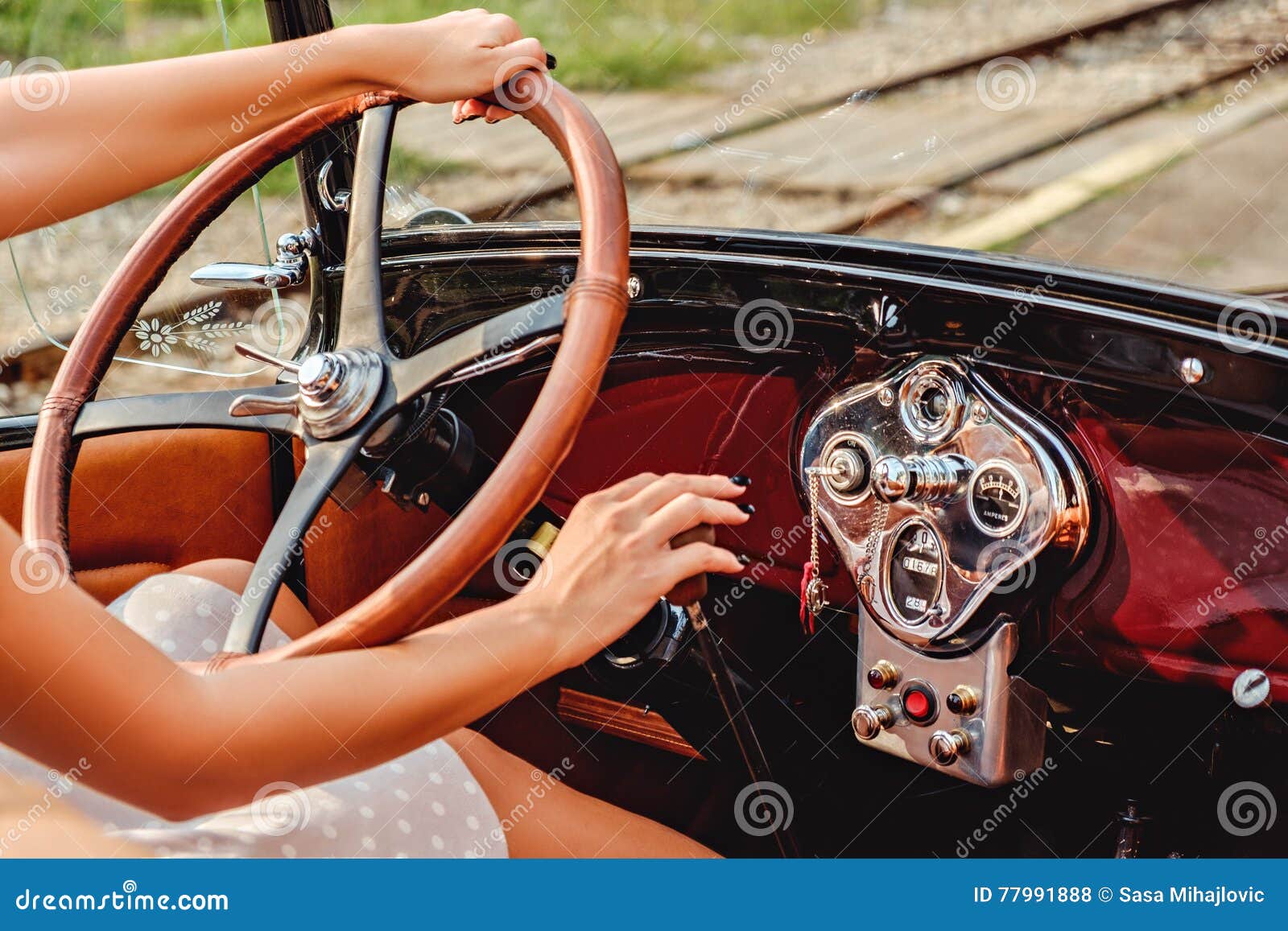 Female Hands on Classic Car Wheel and Shift Stock Photo - Image of ...