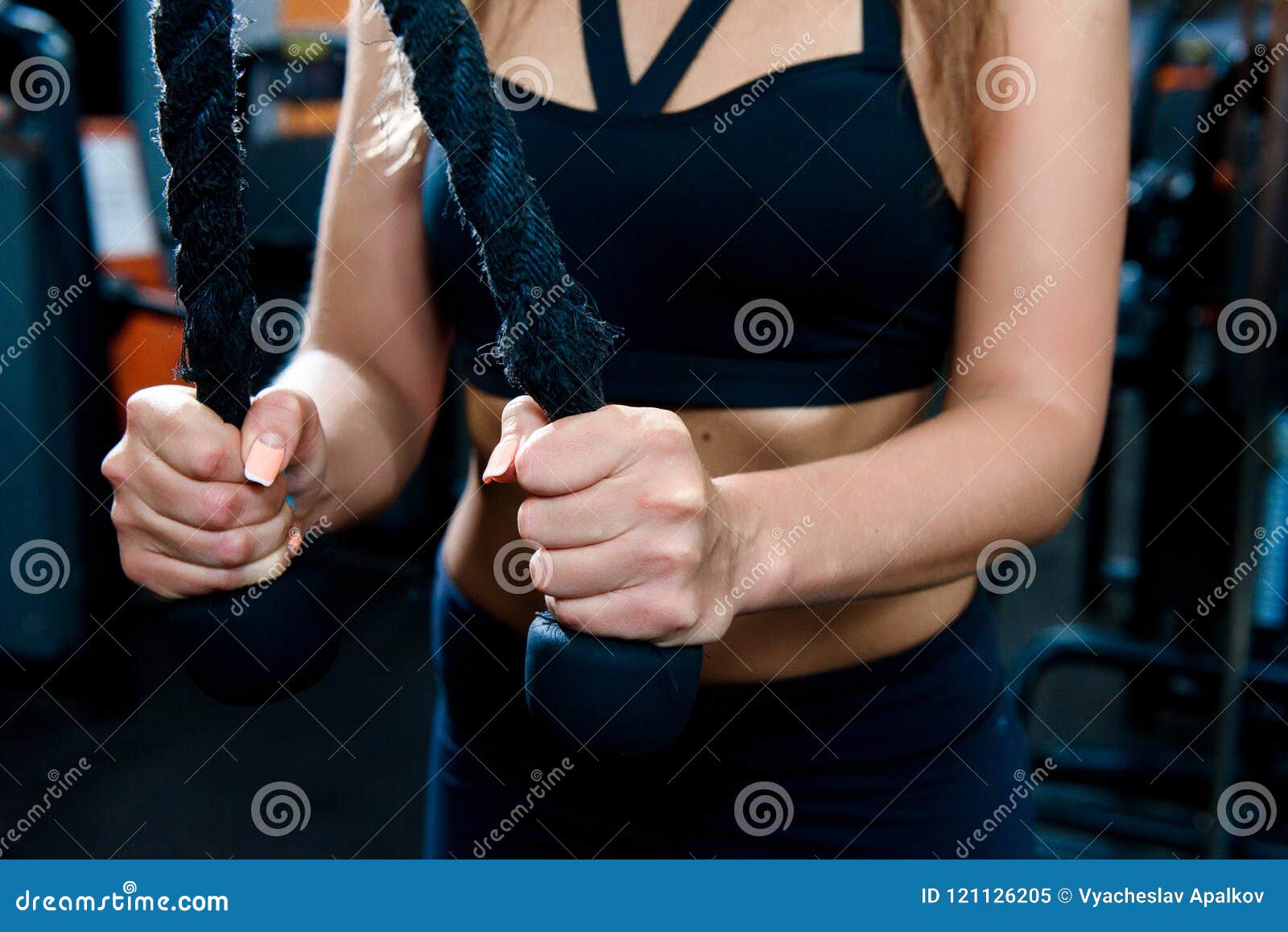 Female Hands Close Holding Black Rope Tightly. Stock Image - Image of ...