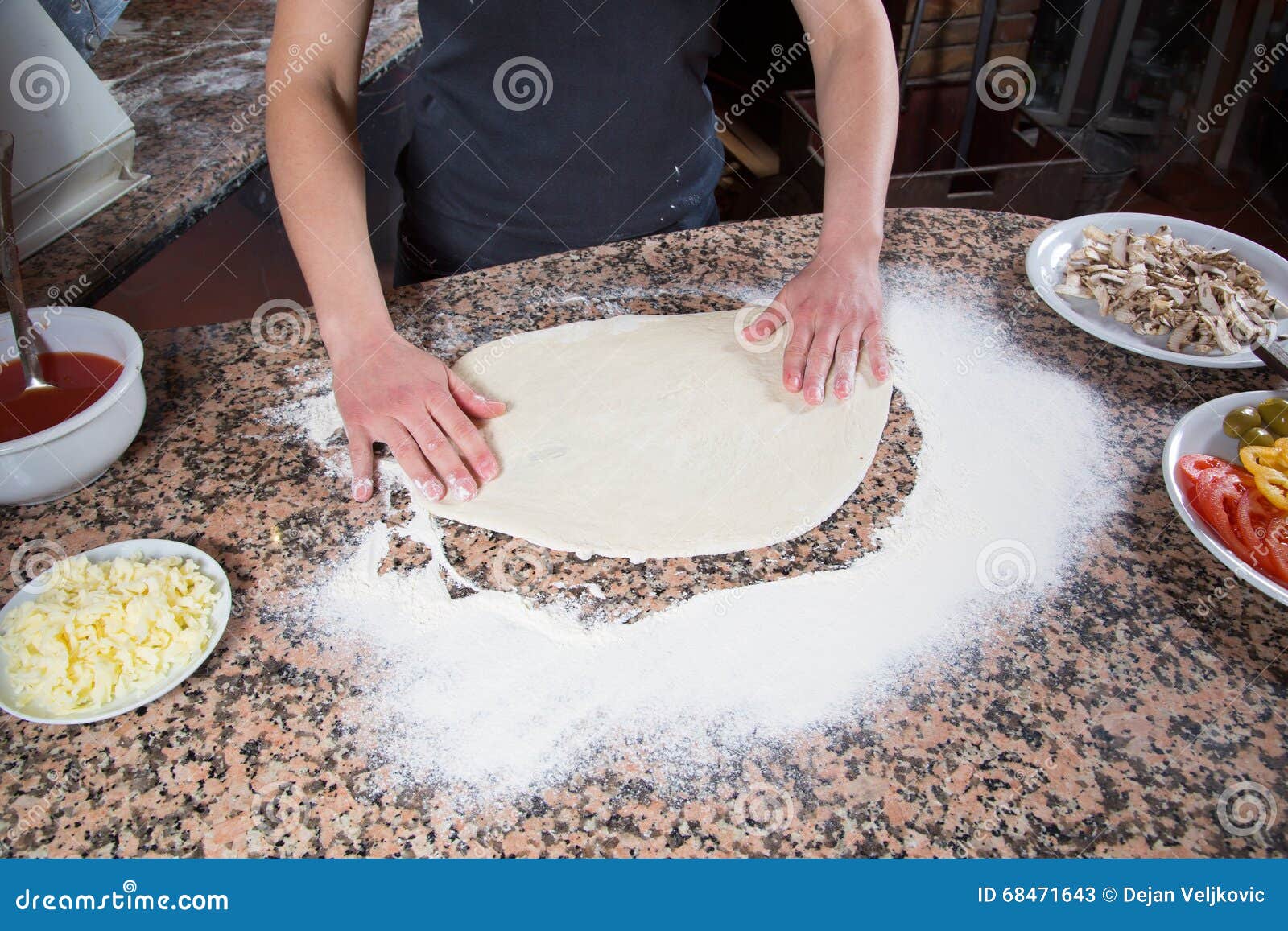 Female Hands Flattening Dough with Lots of Flour on Marble Table Stock ...