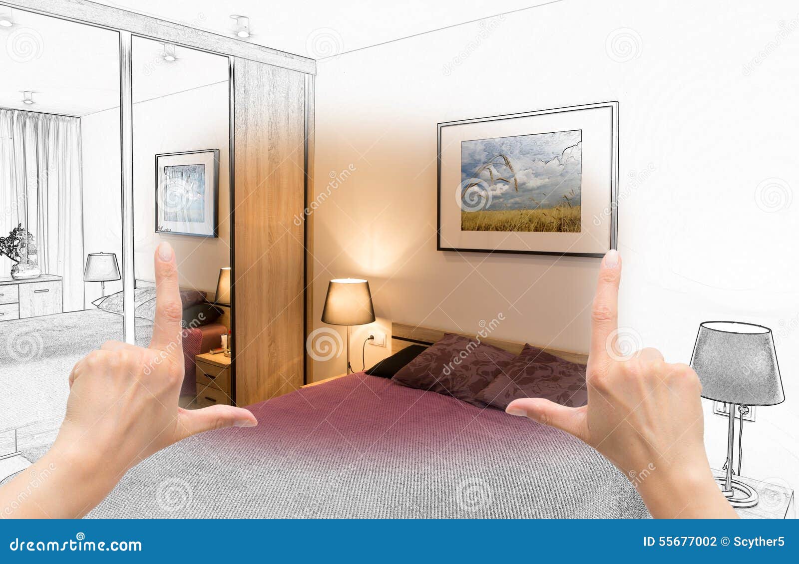 Female Hands Framing Custom Bedroom Design. Stock Photo - Image of ...