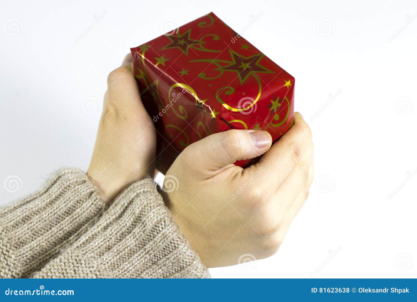 Female Hands Giving a Christmas Gift Isolated on White Stock Photo ...