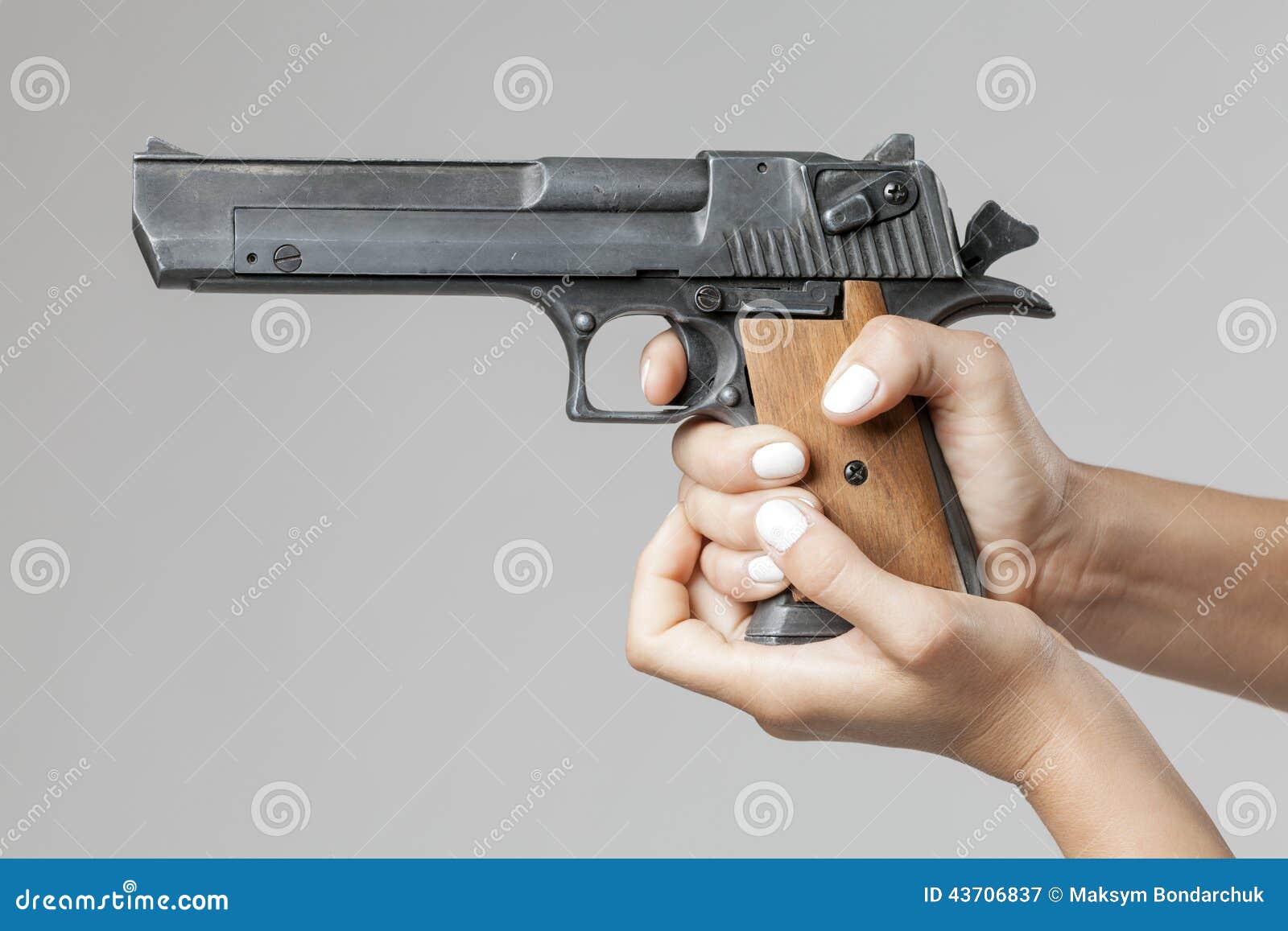 Female Hands with Gun Isolated on Gray Stock Image - Image of metal ...