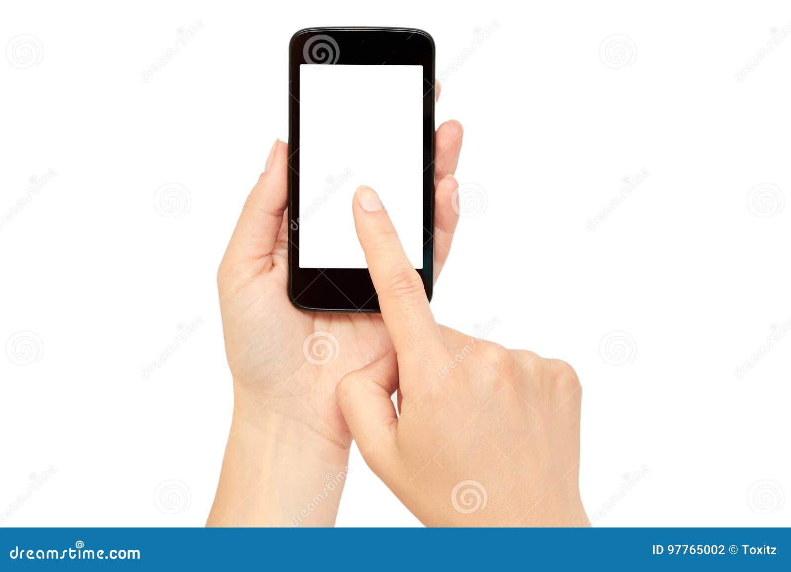 Female Hands Hold A Cell Phone, Mockup Template. Isolated On White ...